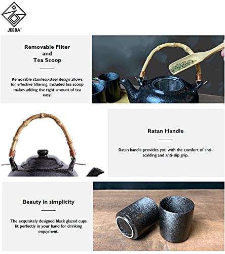 Japanese Asian Tea Set Ceramic Teapot with Strainer, Rattan Handle, 4 Tea Cups, Tea Scoop, Wooden Serving Tray and Instructions - Modern Teapot Set for Home and Office - Gift