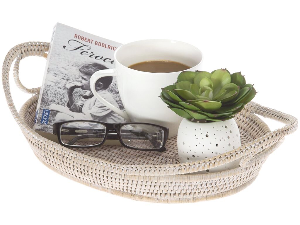 Kouboo La Jolla Oval Rattan Tray with Looped Handles, White Wash, Small