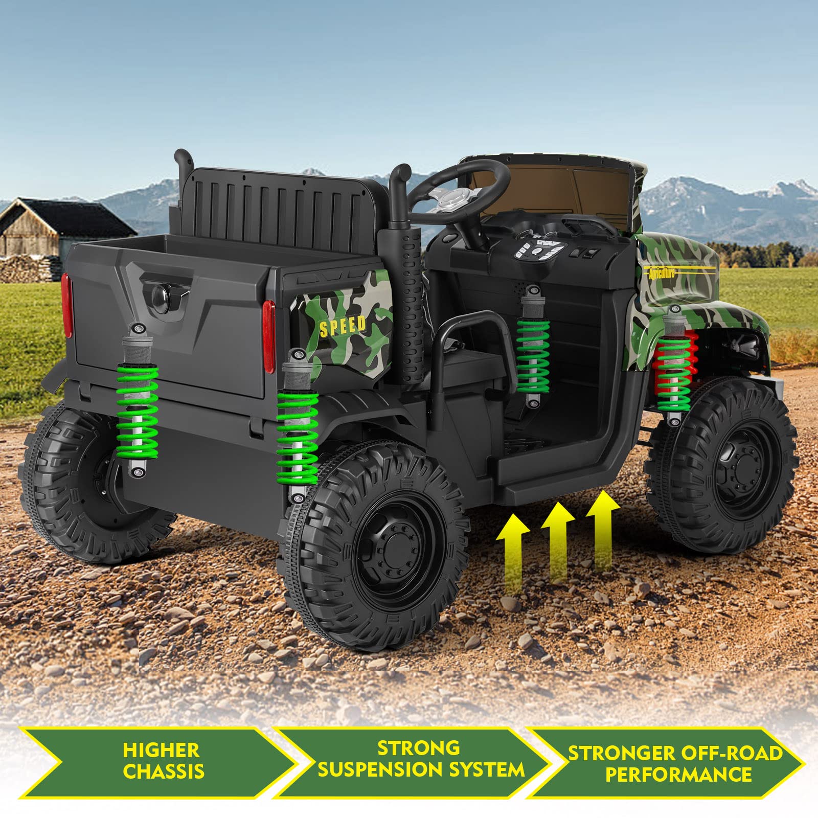 JOYLDIAS 2 Seater Ride On Car, 24V Battery-Powered Toy Tractor with Trailer, Dump Bed, Dual Motors, 4 Large Wheels, 2.4G Remote Control, 3 Speeds, Bluetooth, Camo Green, 47 * 31 * 27 inches