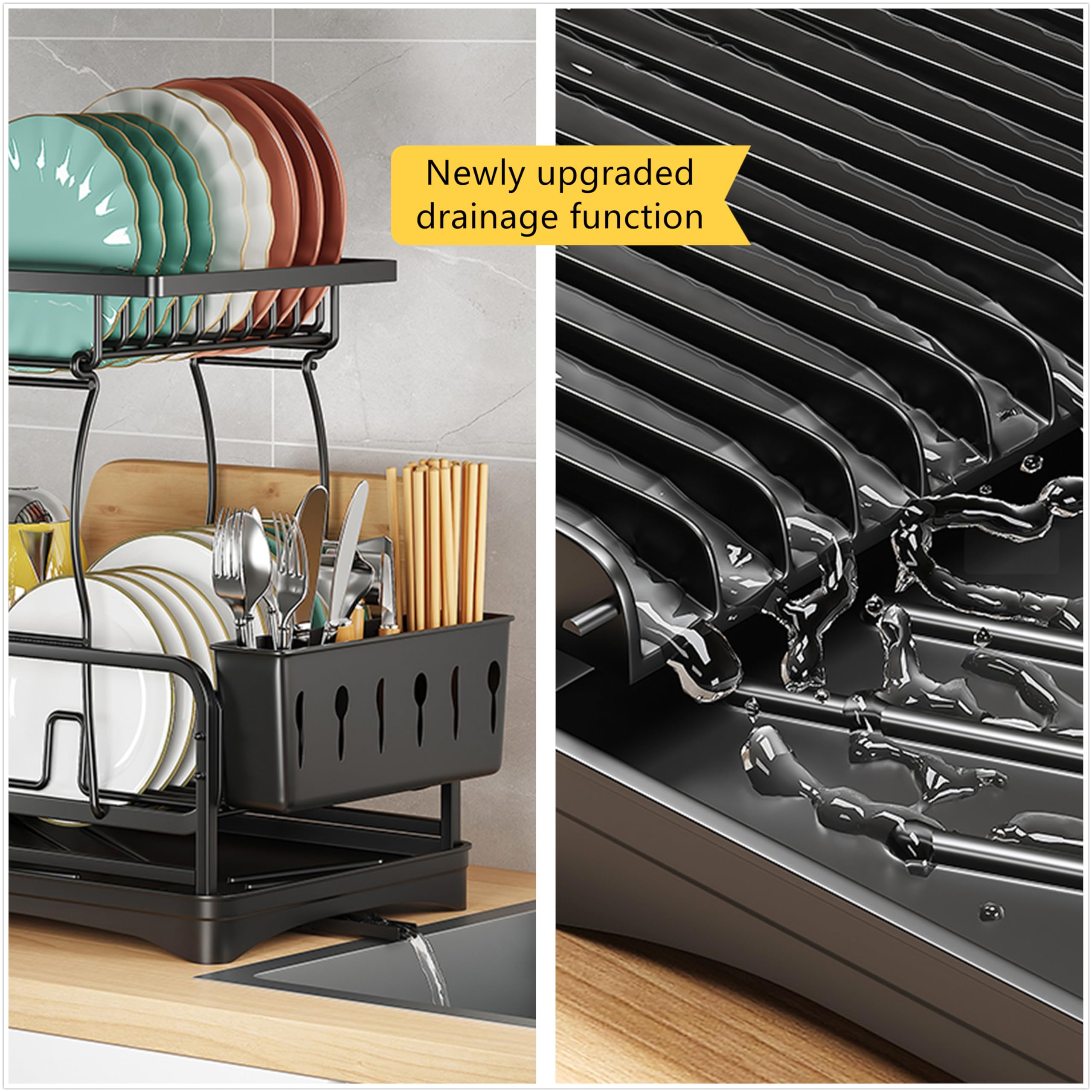 PEXOMEDO Large Expandable Dish Drying Rack,2 Tier Dish Racks for Kitchen Counter, Rack with Drainboard & Utensil Holders, Dish Drainer with Knife, Fork & Cup Rack,Kitchen Organization