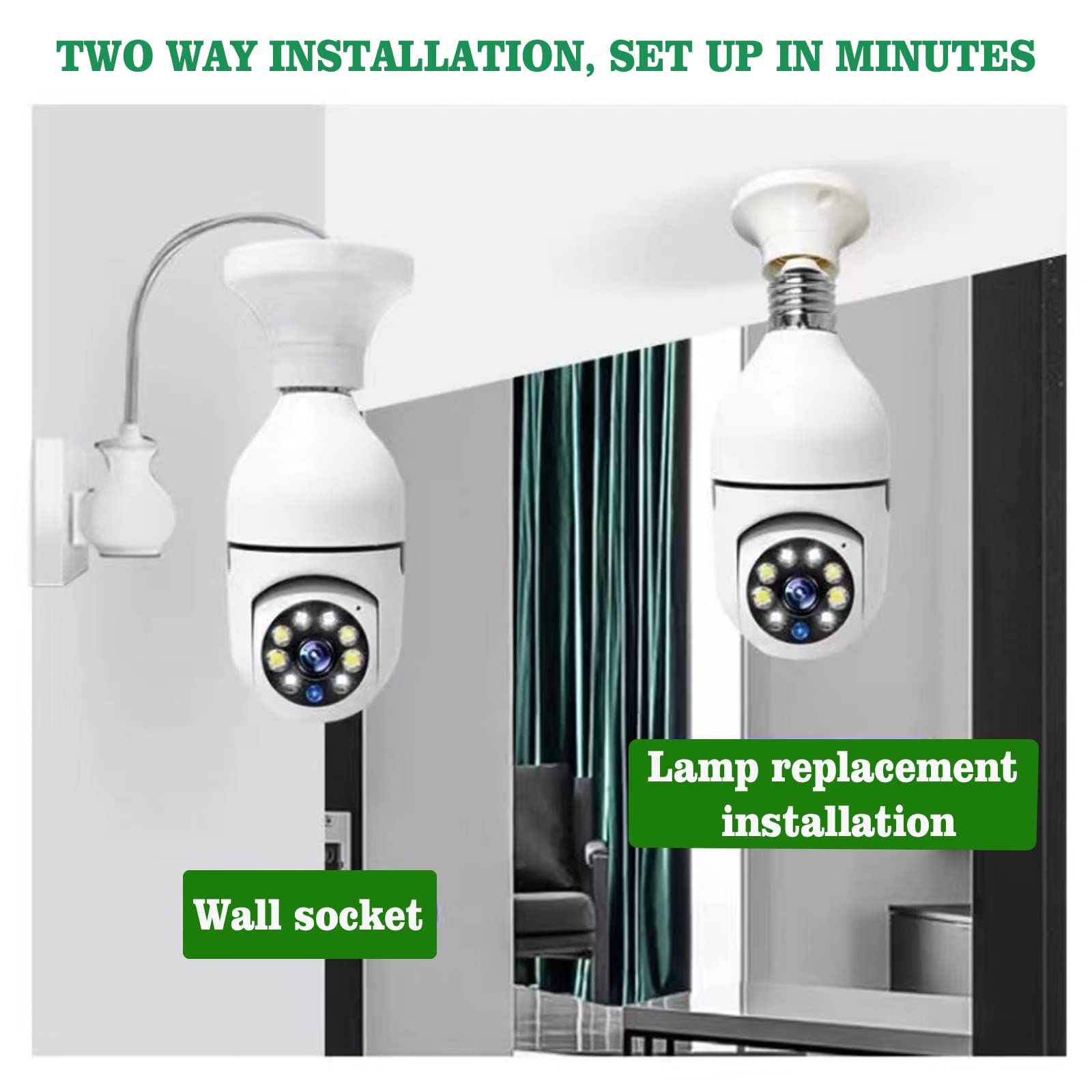 LARDERGO Indoor Camera, 2 Pack 1080p Outdoor Smart Home WiFi Video Camera 360 Degree Panoramic Connector E27 Light Bulb Night Vision Human Motion Detection and Alarm-White