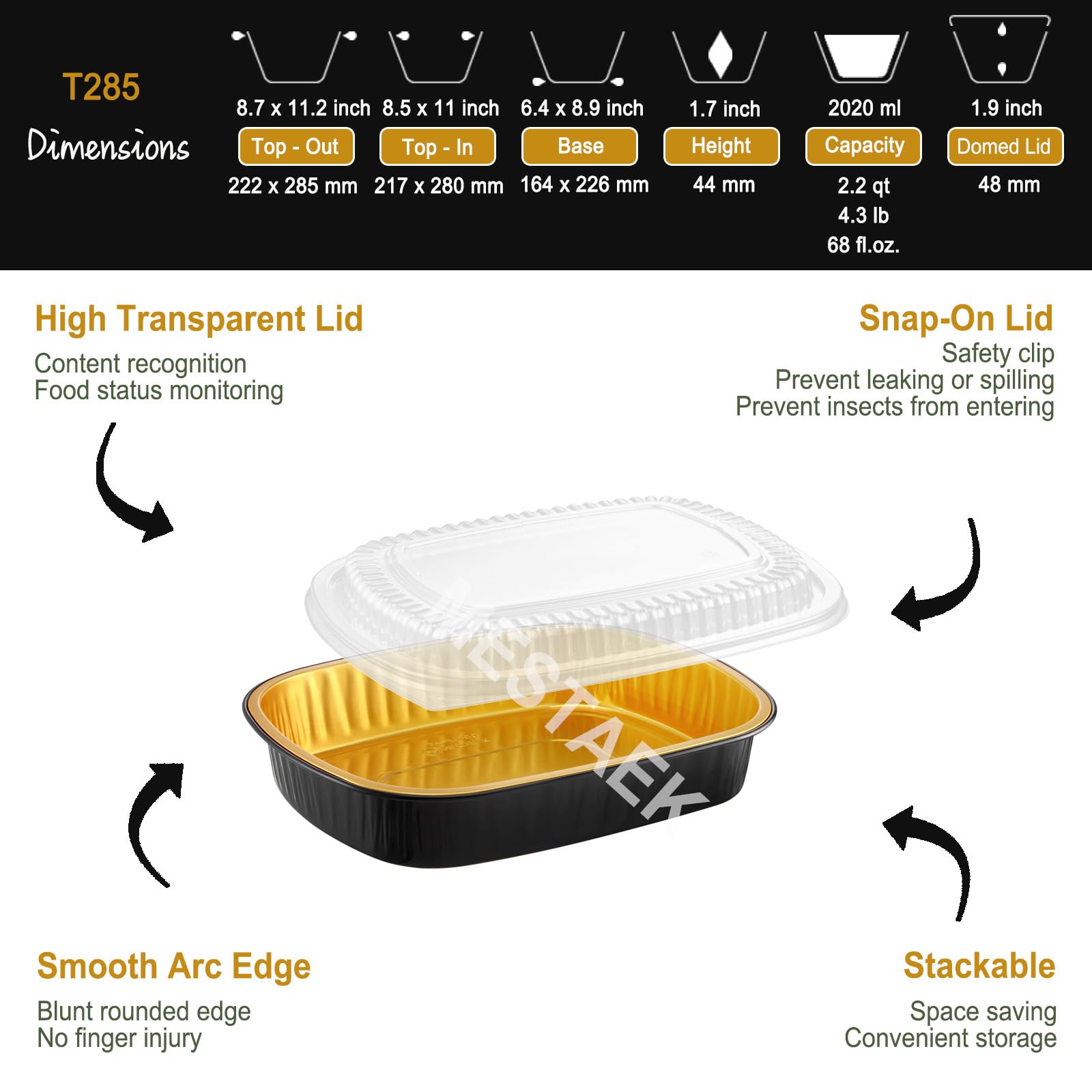 MESTAEK Oval Aluminum Foil Pans with Snap-On Lids (5 Pack) | 2X Thicker Heavy Duty Reusable Container 68oz for Take-Out (Black)