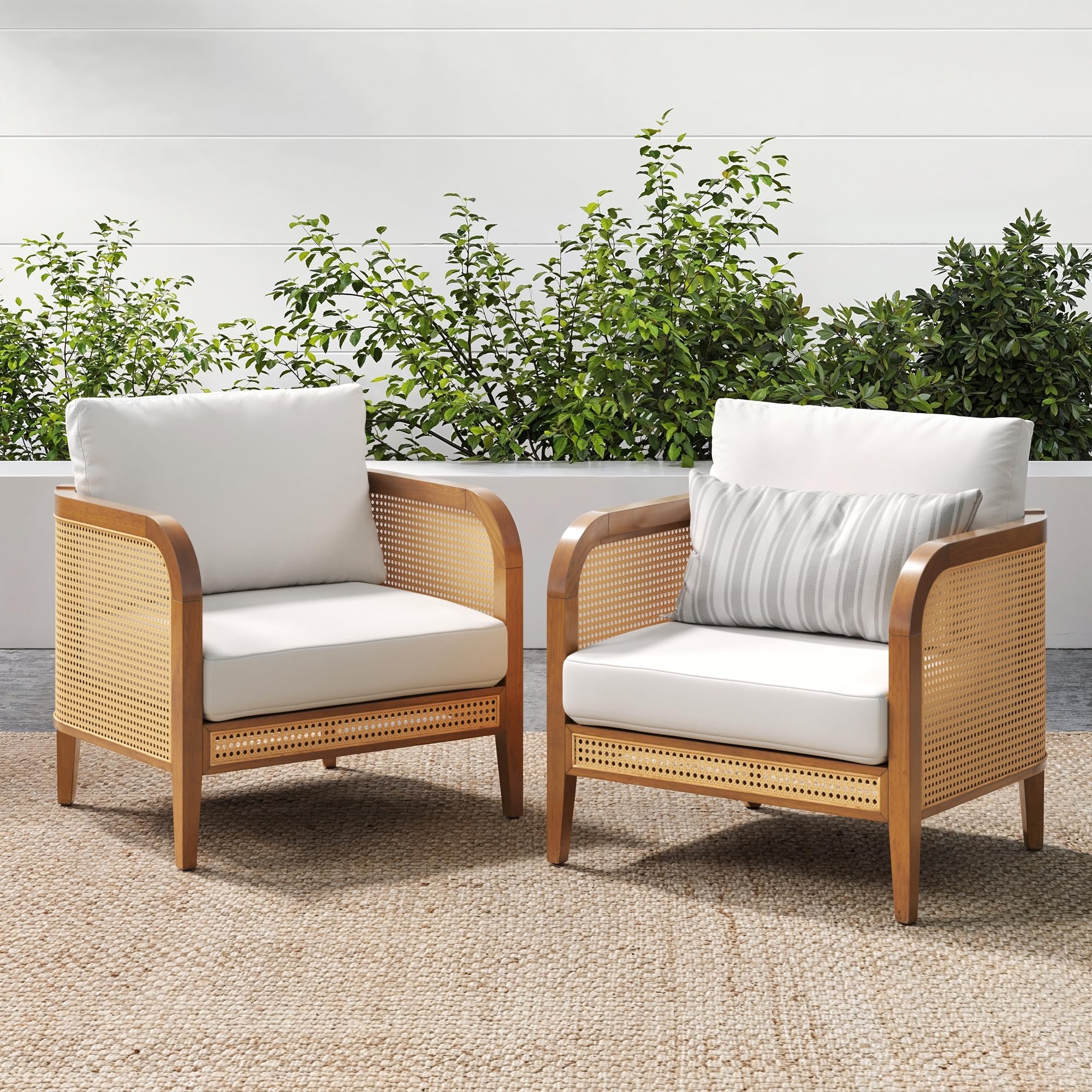 Nathan James Bohemian Upholstered Outdoor Patio Seating, Set of 2 Chairs, Light Acacia Wood/Linen White - Twila