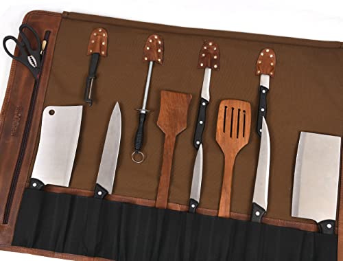 Leather Canvas Knife Roll Storage Bag Expandable 10 Pockets Detachable Shoulder Strap Travel-Friendly Chef Knife Case Roll By Aaron Leather Goods (Cleveland, Canvas Leather)