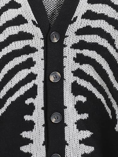 SHENHE Men's Skeleton Print Long Sleeve Cardigan Sweaters V Neck Button Down Outwear Coats Black L