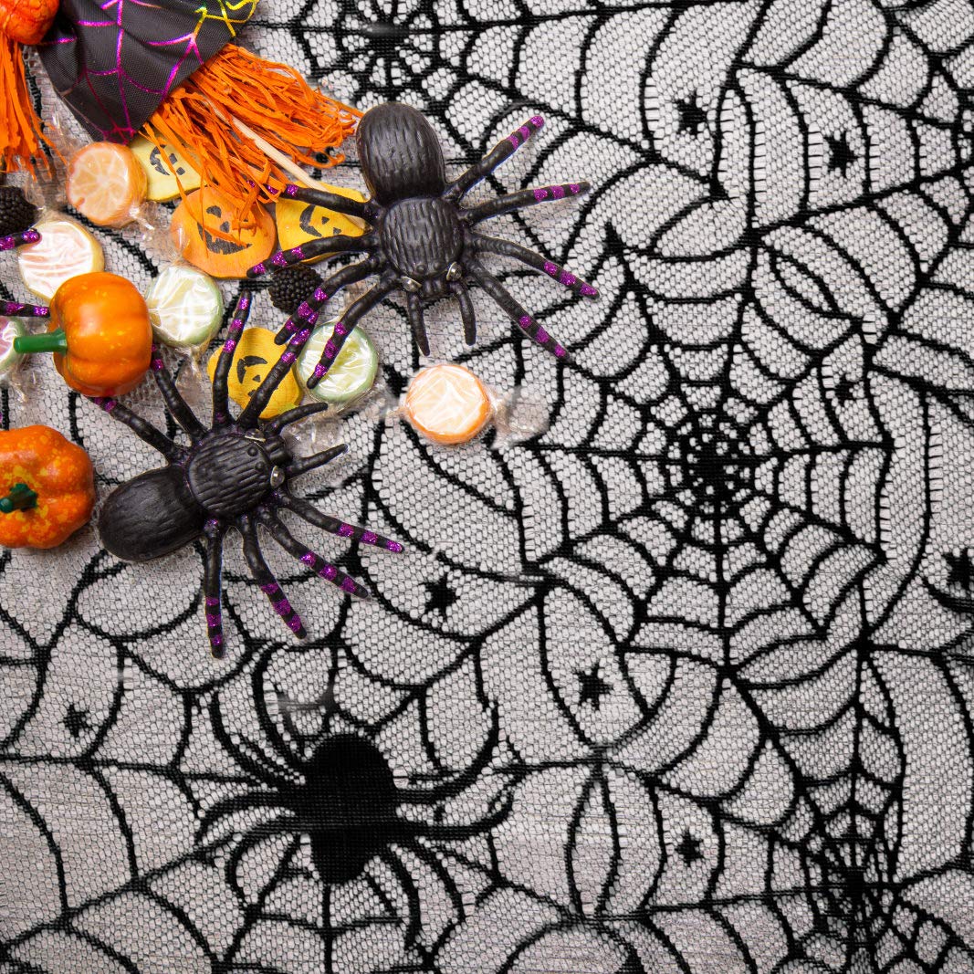 Korlon Halloween Tablecloth, 2 Pcs Halloween Decorations Indoor Spider Web Table Cloth, 54βx 72β Rectangular & 42β Round Black Lace Tablecloth Cover for Halloween Home Party Kitchen Table Decor