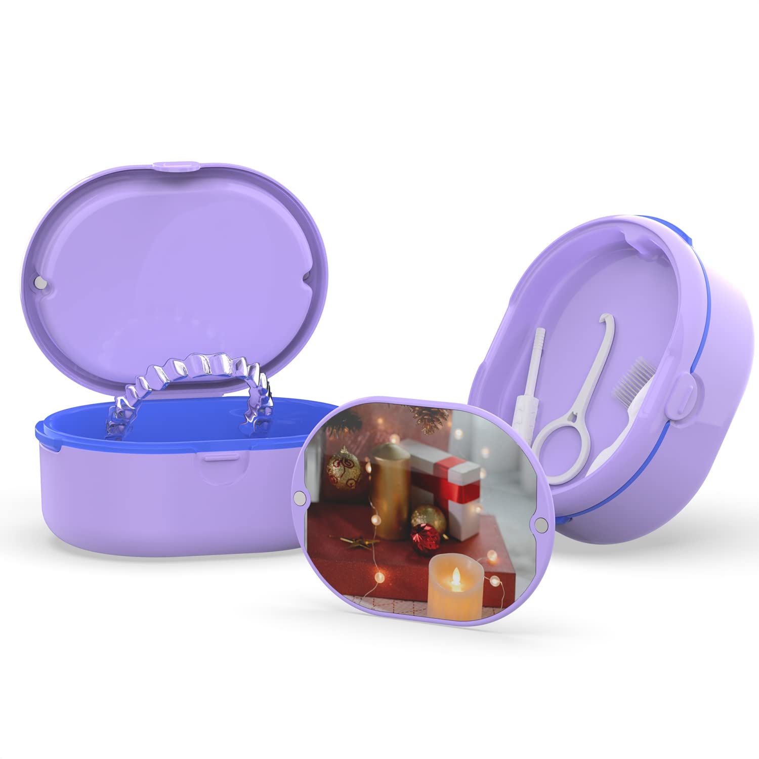 Large Denture Bath Case Cup Box Holder Storage Soak Container, Retainer Case,Mirror Orthodontics Mouth Guard Case,Suitable for Dentures, Partial Dentures, Chews and Removal Tool with Braces(Purple)…