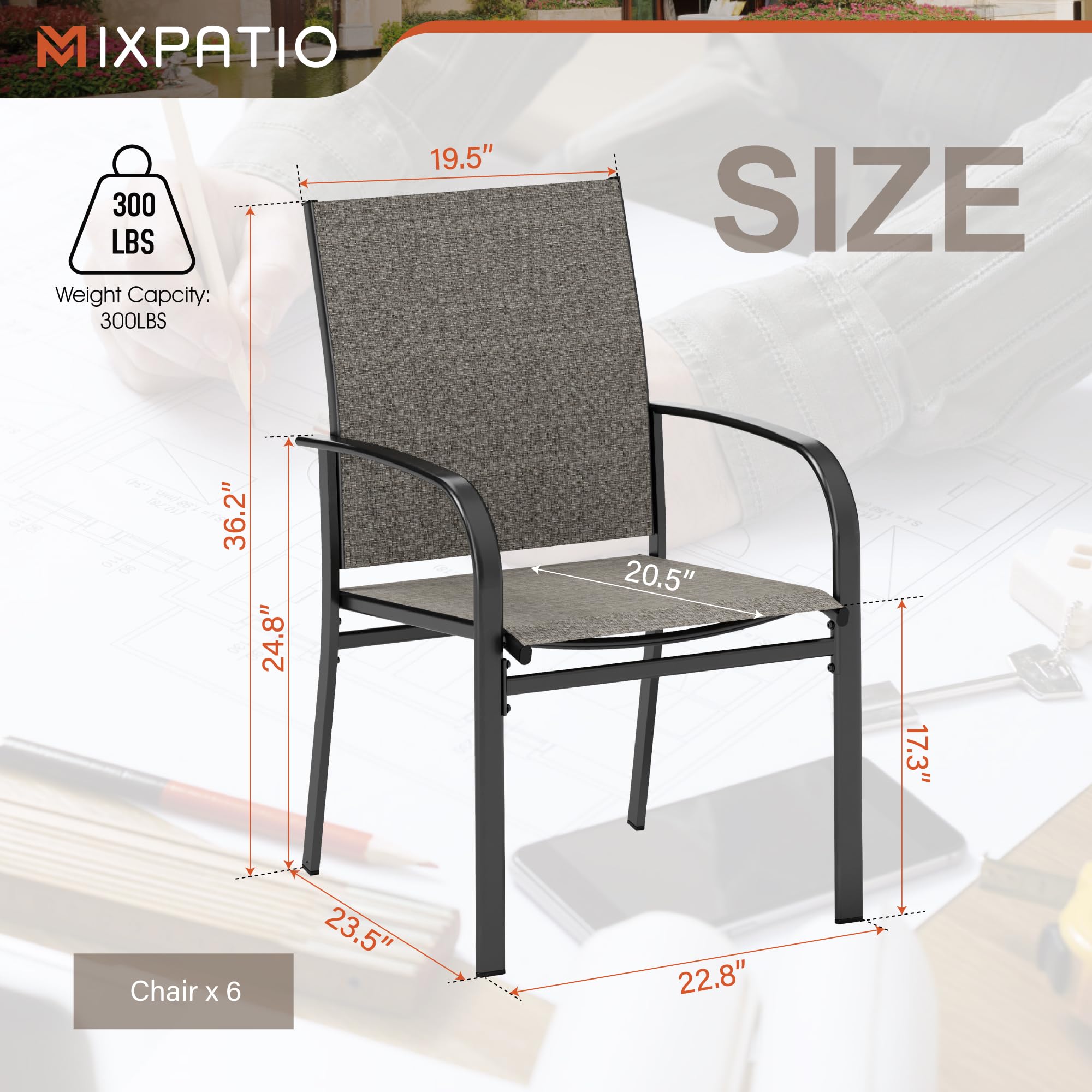 MIXPATIO Patio Dining Chairs Set of 6, Brown Outdoor Textilene Dining Chairs, Patio Furniture Chairs with Armrest