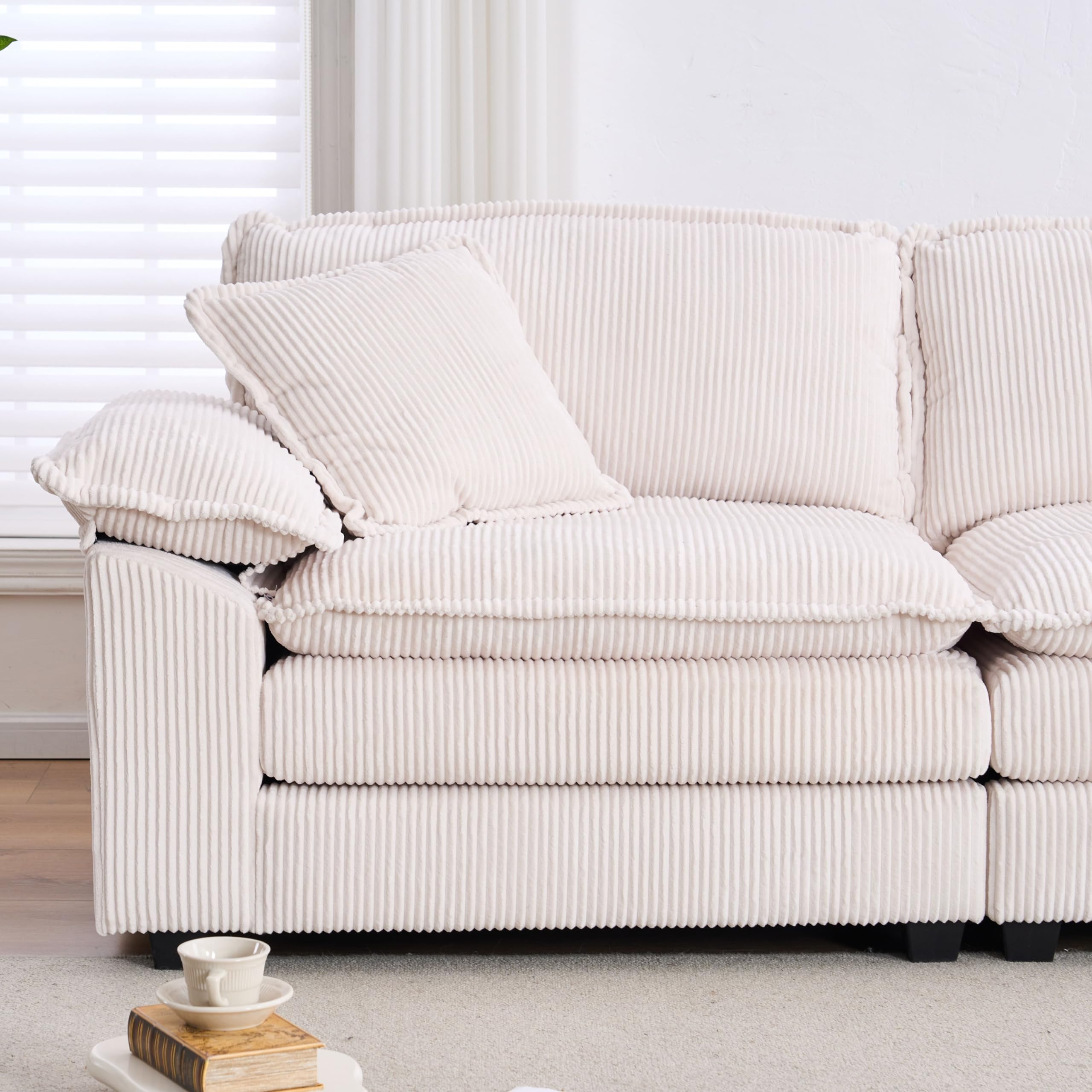OUYESSIR Oversized Loveseat Sectional Sofa Couch with 2 Ottoman, 84.6" Modern Upholstered Corduroy Modular Cloud Couch, Comfy Deep Seat L Shaped Sofa for Living Room, Small Space, Grey