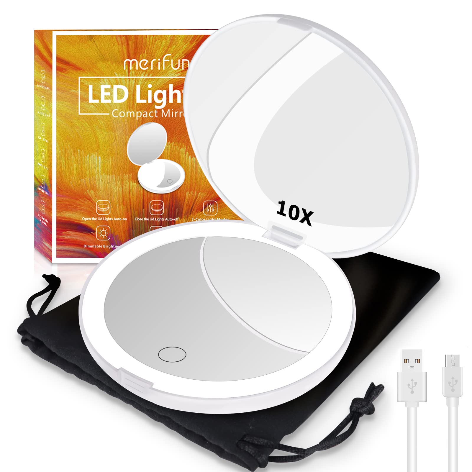 LED Lighted Travel Makeup Mirror, Large 5" 1x/10x Magnifying- Medical Grade LED, 3 Light Colors & Brightness Dimmable- Rechargeable 1000mAh Battery Travel Magnifying Makeup Mirror (White)