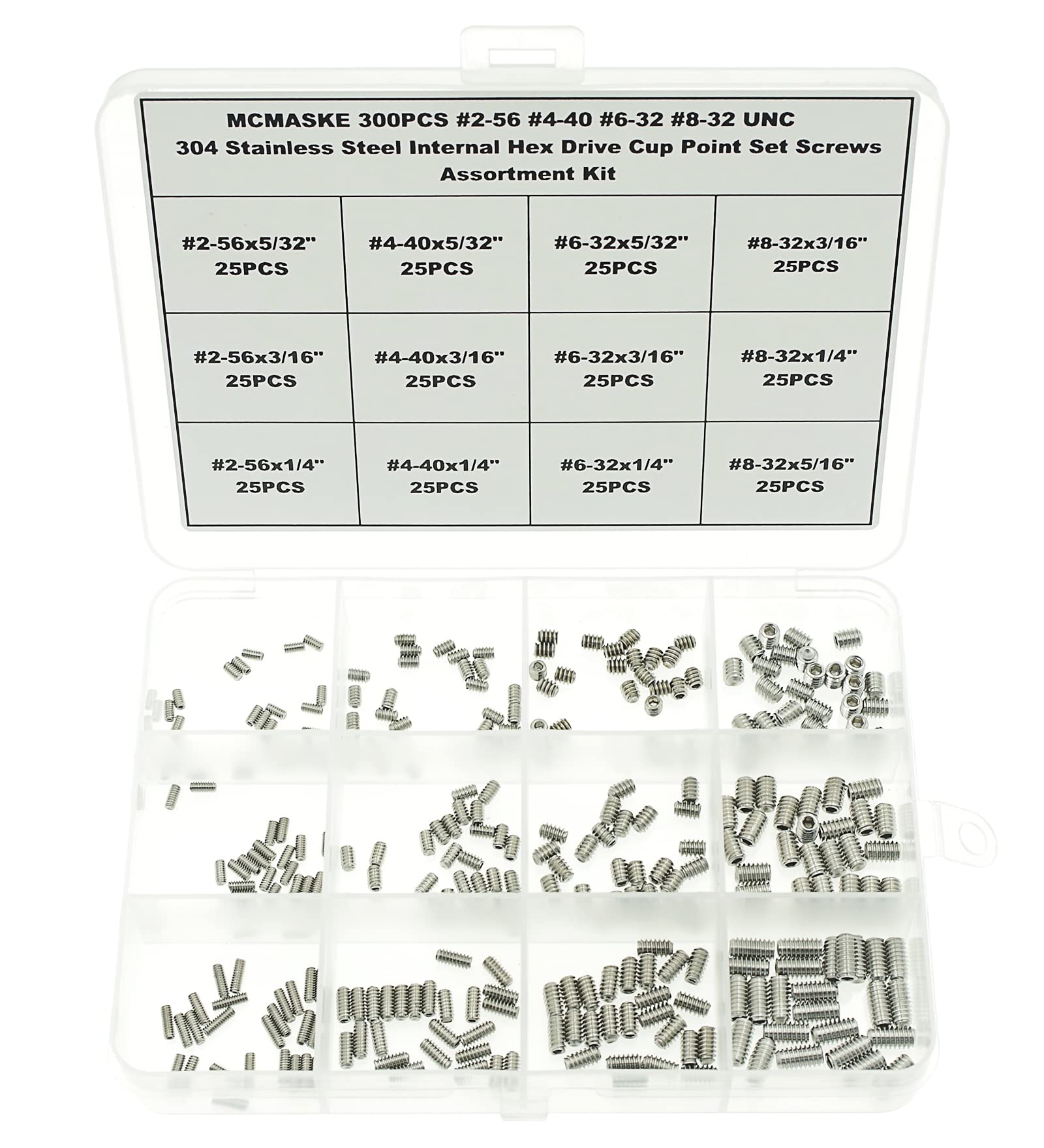 MCMASKE 300PCS #2-56#4-40#6-32#8-32 UNC 304 Stainless Steel Internal Hex Drive Cup Point Set Screws Assortment Kit