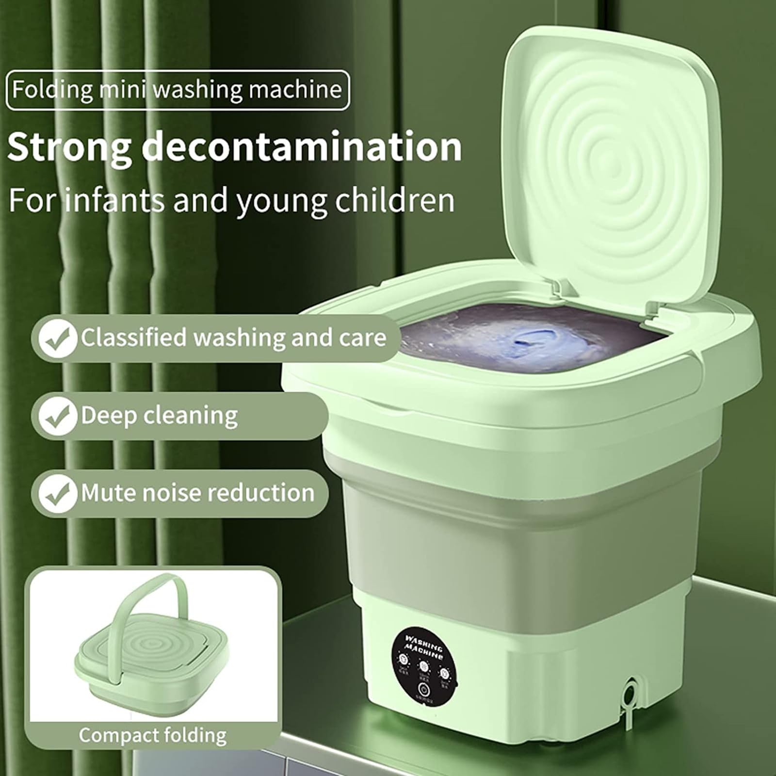 Portable Washing Machine,High Capacity Mini Washer with 3 Modes,Foldable Deep Cleaning Half Automatic Washt Suitable for Washing Small Pieces of Clothing, Baby Clothes,Underwear,Socks(Green)