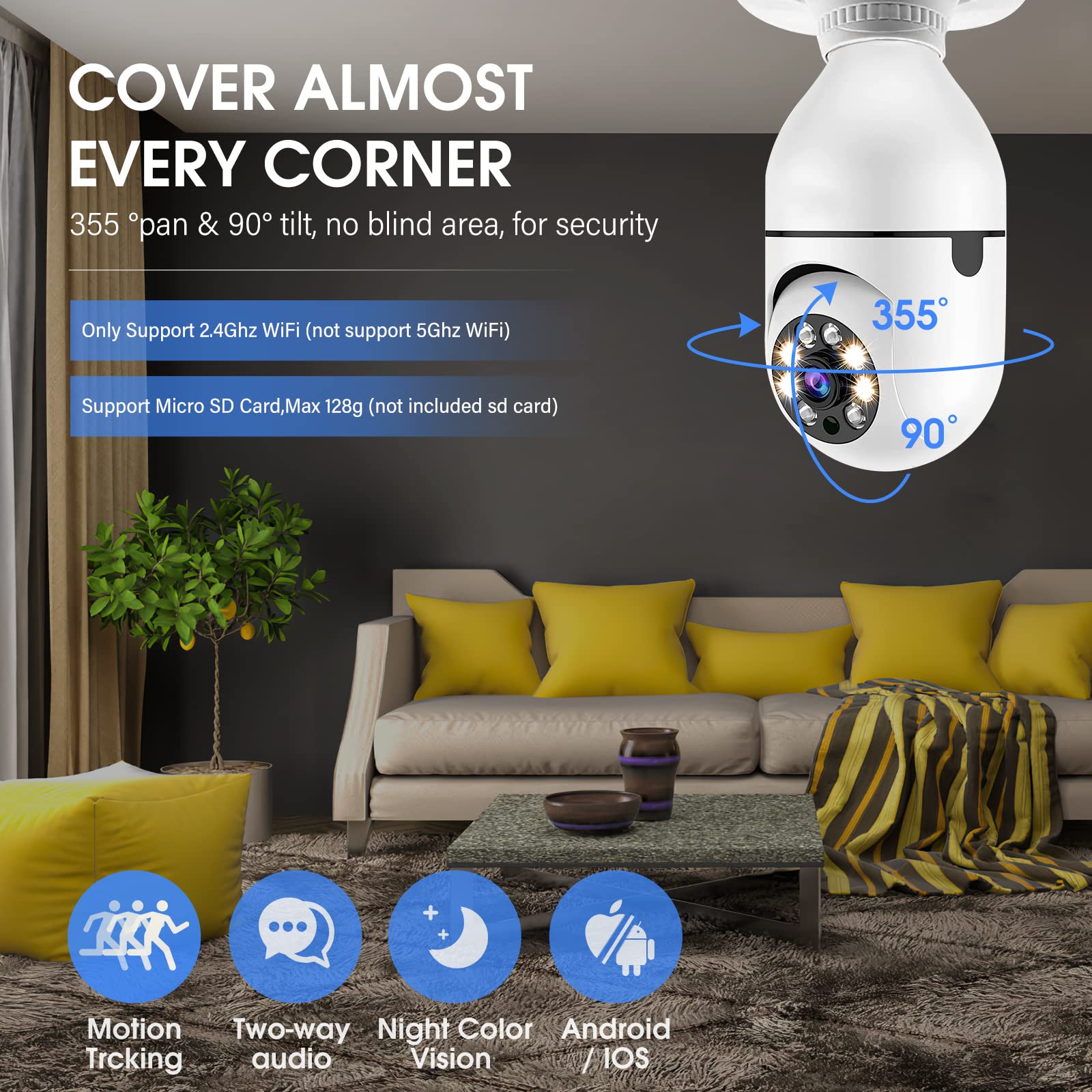 Light Bulb Security Cameras Wireless Indoor 355 Degree Pan/Tilt 3MP 1080P Camera Surveillance with Motion Detection Alarm Night Vision Two-Way-Talk Supported 2.4GHz WiFi (Not Compatible 5GHz Wi-Fi)