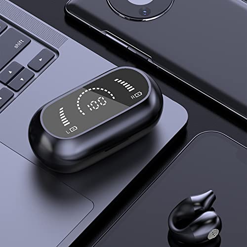 Peticehi Wireless Ear Clip Bone Conduction Headphones with Digital Display, Open Ear Headphones Wireless Bluetooth for Running Sports (Black)