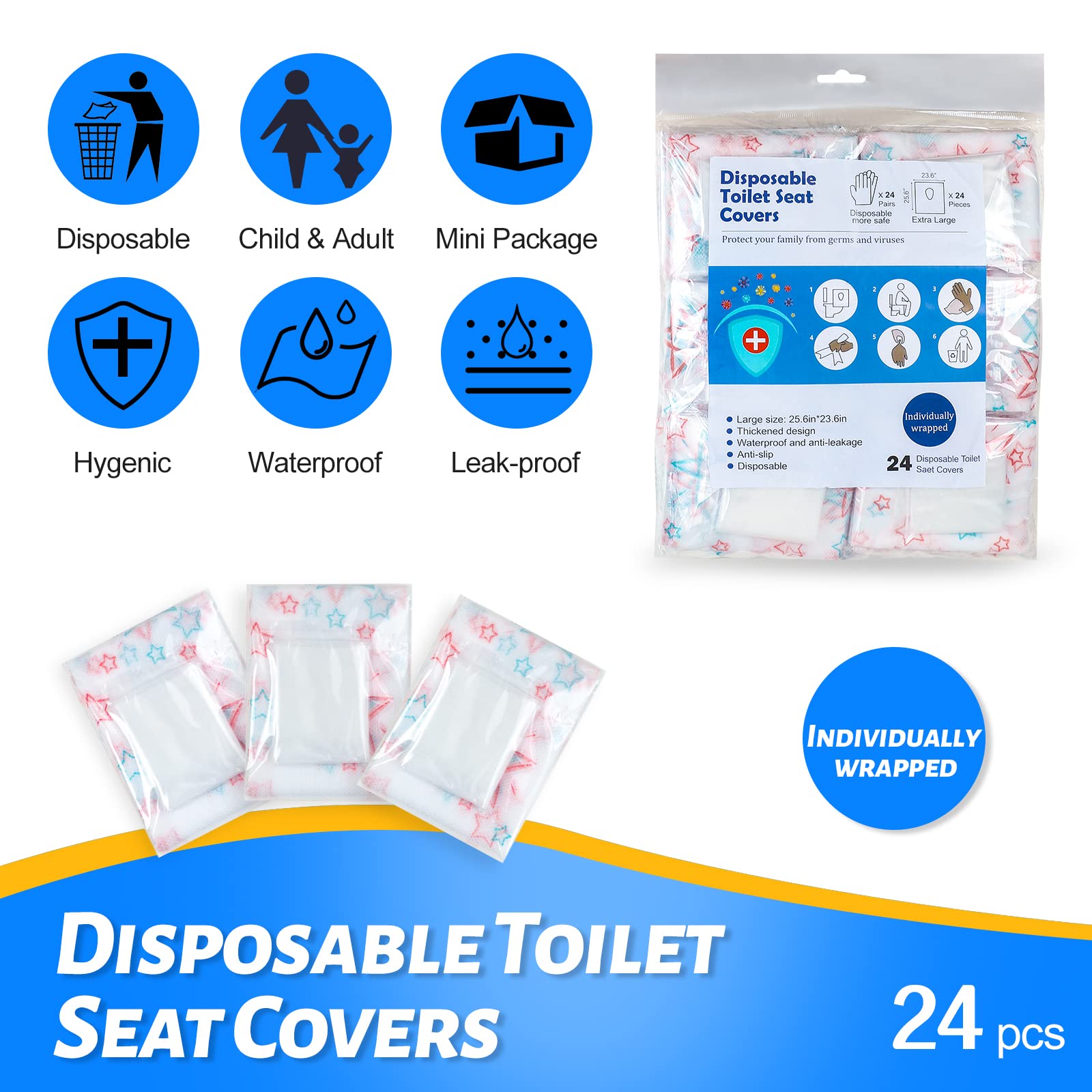 MooMoo Baby Disposable Toilet Seat Covers 24 Extra Large Potty Seat Covers for Kids and Adults Waterproof Individually Wrap Potty Shields