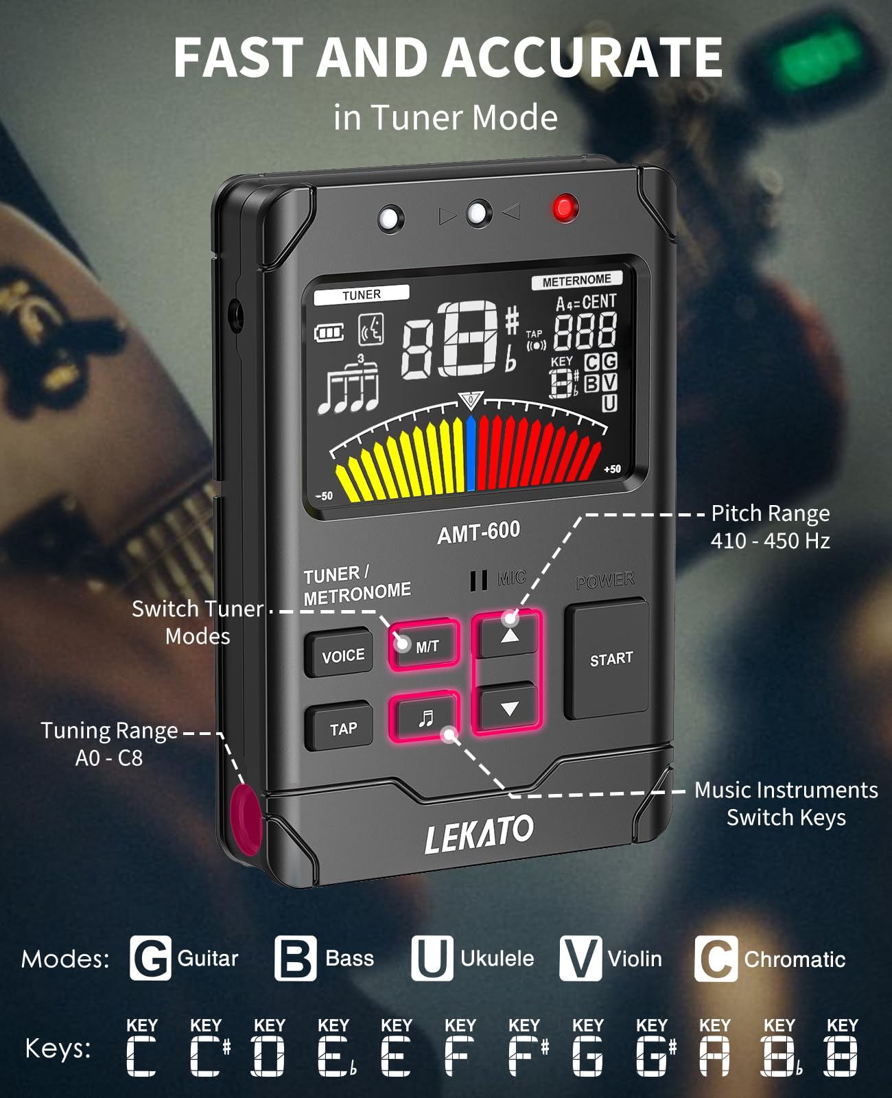 LEKATO Metronome Tuner, Rechargeable 3 In 1 Digital Metronome with TAP Tempo, Woman Vocal Counts, Tuner Tone Generator for Guitar Bass Violin Ukulele Chromatic for All Instruments
