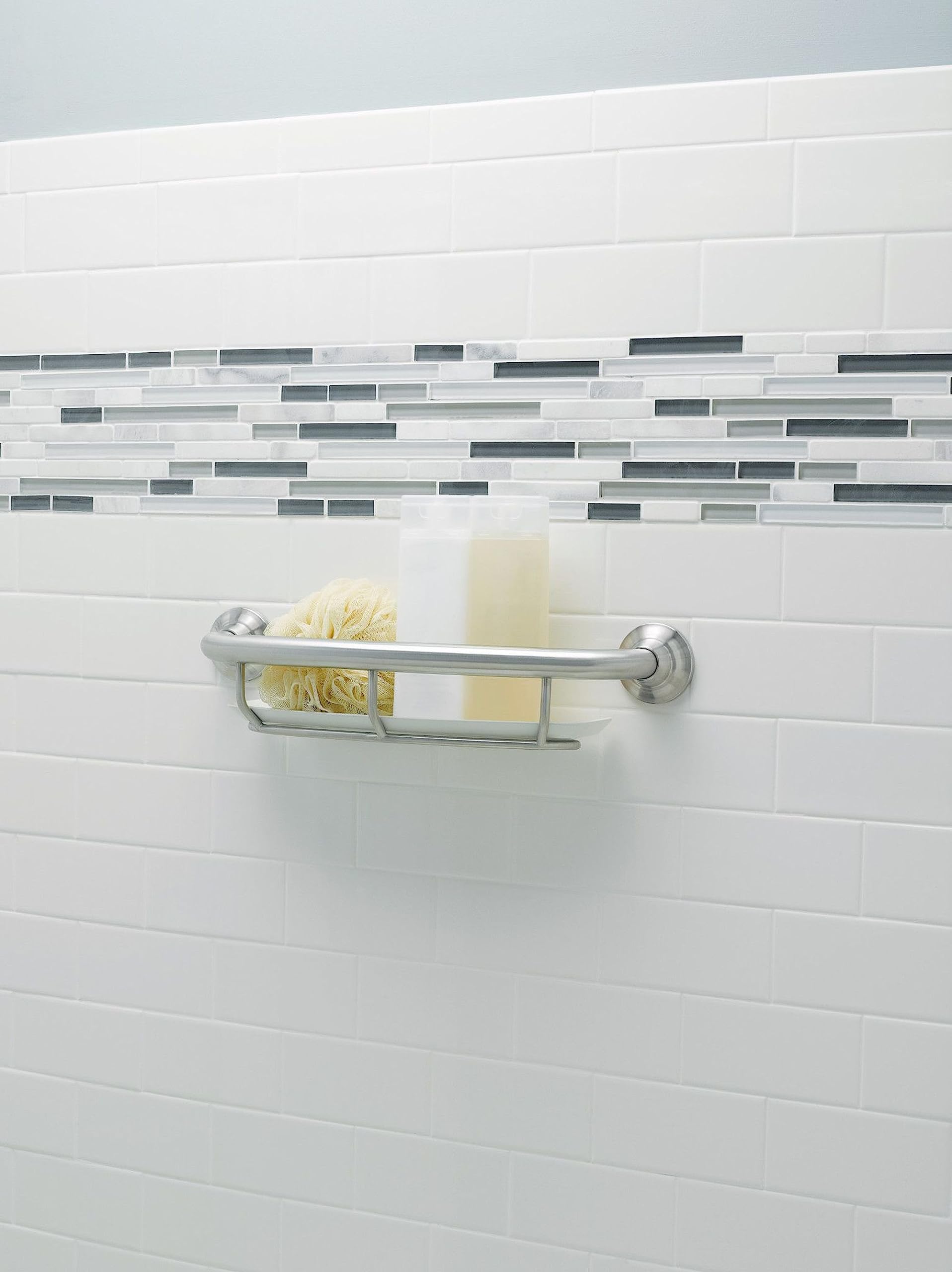 Moen Brushed Nickel Bathroom 16-inch Safety Grab Balance Assist Bar with Storage Shelf for Bathtub or Shower, R2356DBN