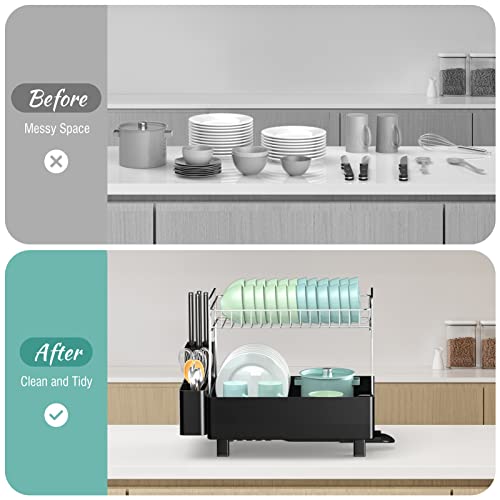 Klvied Dish Rack with Swivel Spout, 2 Tier Drying Rack for Kitchen Counter, Large Dish Drying Rack with Drainboard, Dish Strainers for Kitchen Counter, 304 Stainless Steel Dish Drying Rack, Black