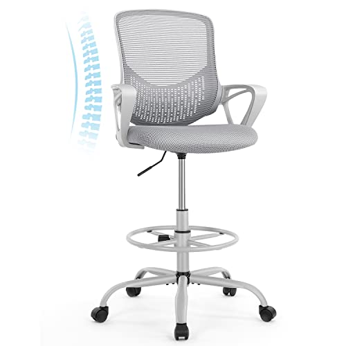 OLIXIS Ergonomic Tall Height Standing Mesh Desk Drafting Stool with Adjustable Foot Ring Computer Chair with Armrests for Home Office, Grey, Black