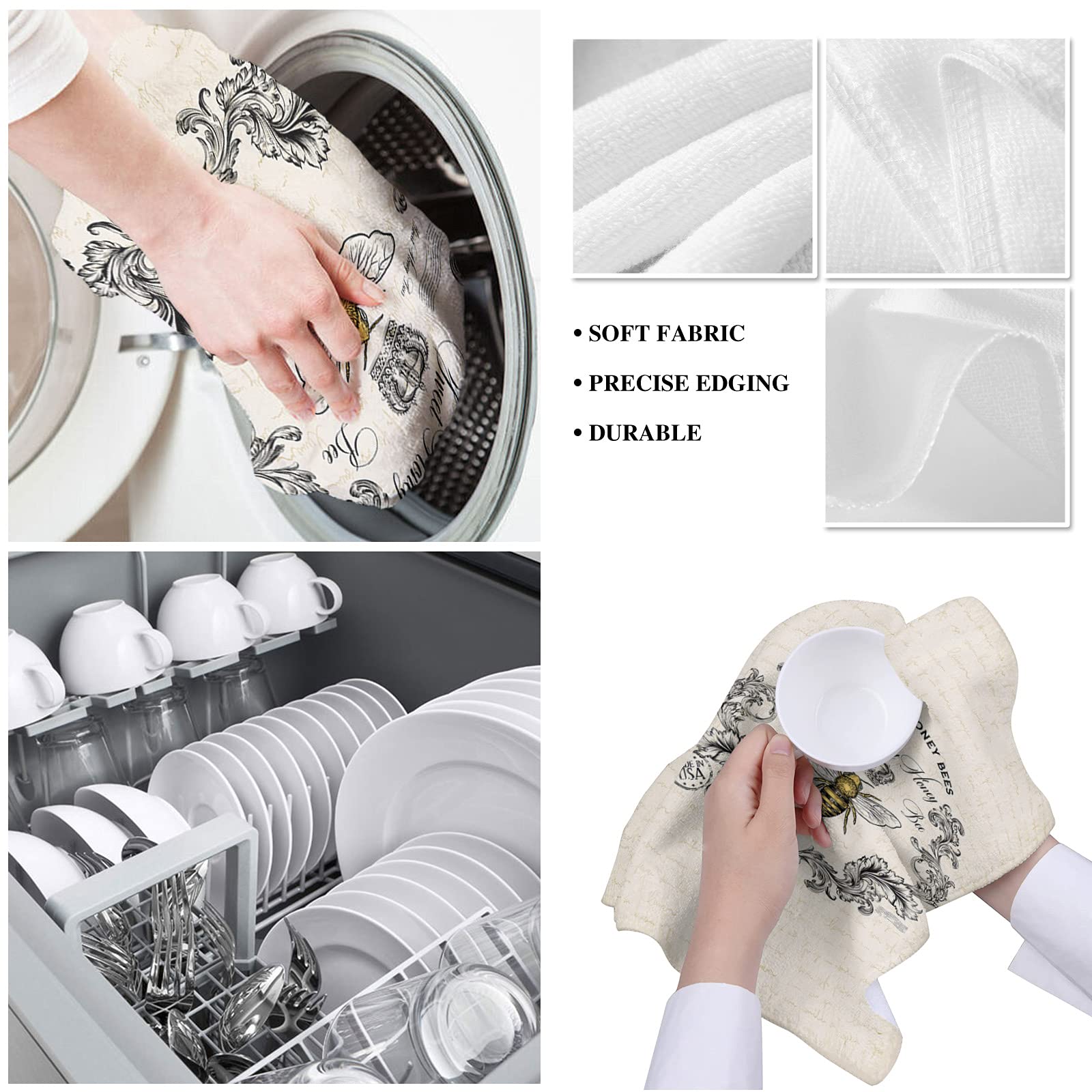 Kitchen Dish Towels 2 Pack-Super Absorbent Soft Microfiber,Sweet Honey Bees Crown Vintage Cleaning Dishcloth Hand Towels Tea Towels for Kitchen Bathroom Bar