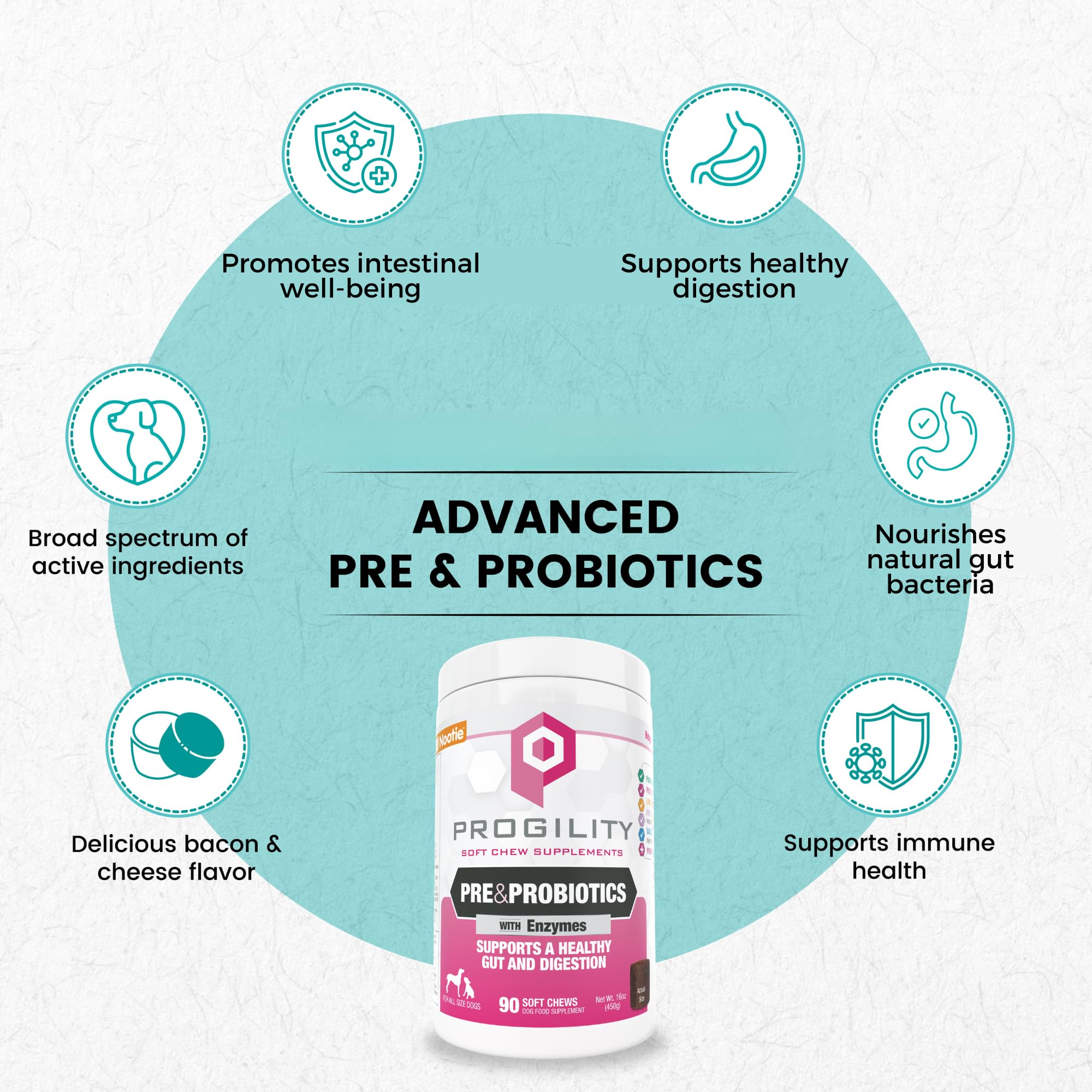 Nootie Progility Pre & Probiotic Supplement, Digestive Aid Supplement for Dogs, 90 Soft Chews per Container