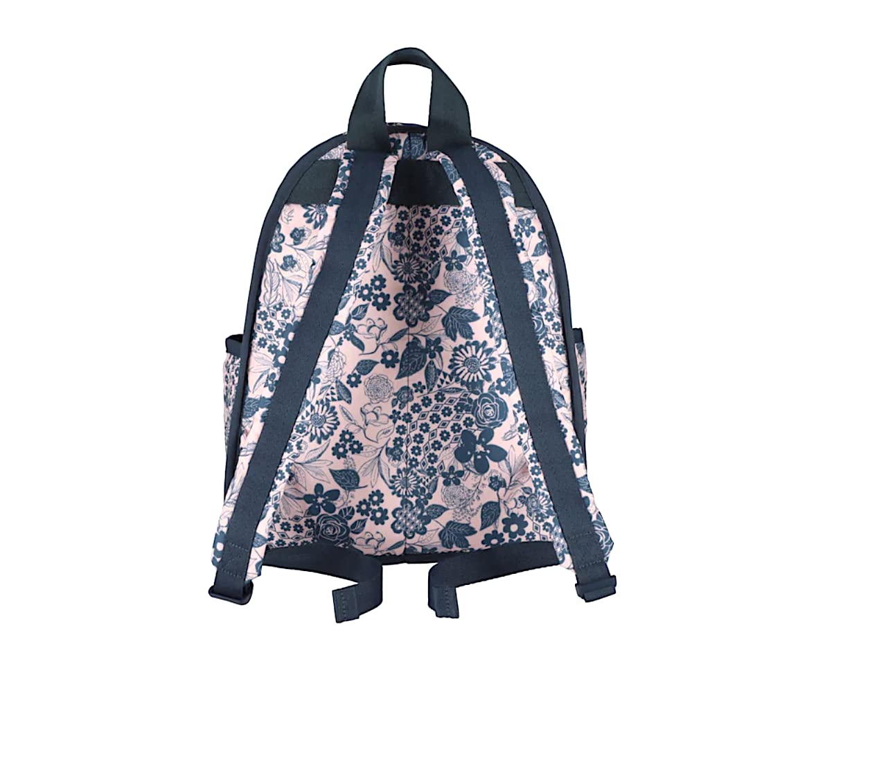 LeSportsac Rooks and Roses Basic Backpack/Rucksack, Style 7812/Color E483, Slate Blue Whimsical Roses, Graceful Branches & Leaves Artfully Arranged on Pearlized Pastel Pink Bag