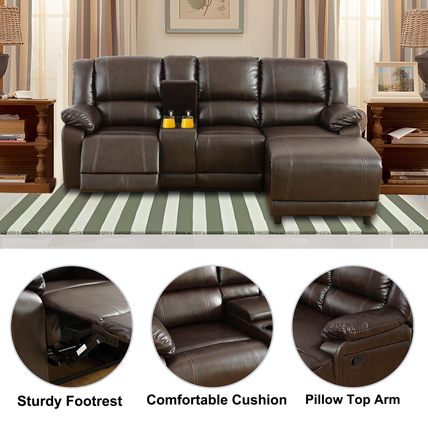Plithzy Manual Recliner Sofa Couch with Chaise, Breathing Leather Reclining Sectional Sofa, Recliner Couch with Storage Console&Cup Holder for Living Room Apartment (121" Leather Sofa, Brown)