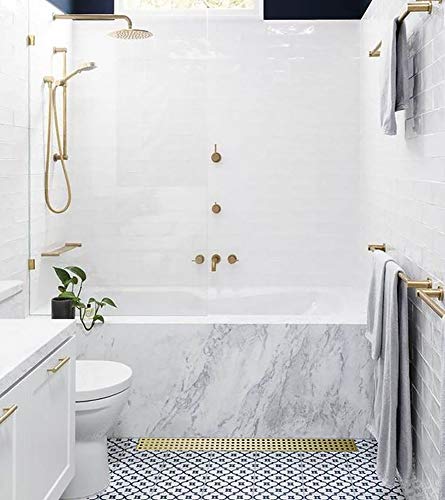 Nicmondo Linear Shower Drain 24 Inch, Bathroom Rectangular Floor Drain with Removable Cover Grid Grate, Adjustable Leveling Feet, Hair Strainer, SUS304 Stainless Steel Trench Drains, Brushed Gold