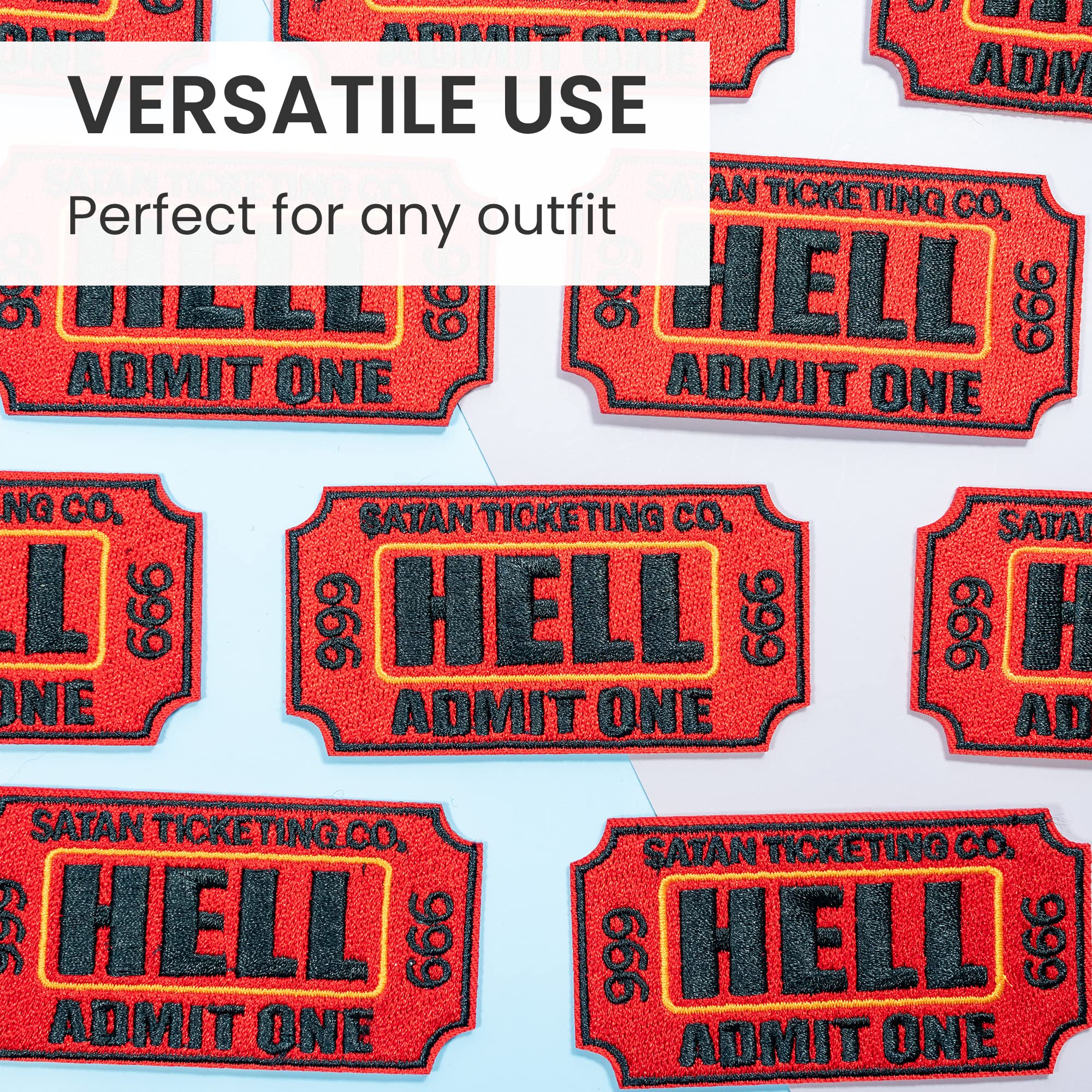 Moonmoli Ticket to Hell Admit One Iron on Embroidered Patches - 3"Wx1.5"H Red/Black Funny Patches β Iron on or Sew On Patches for Clothes, Jacket, Jeans, Hat, Backpack