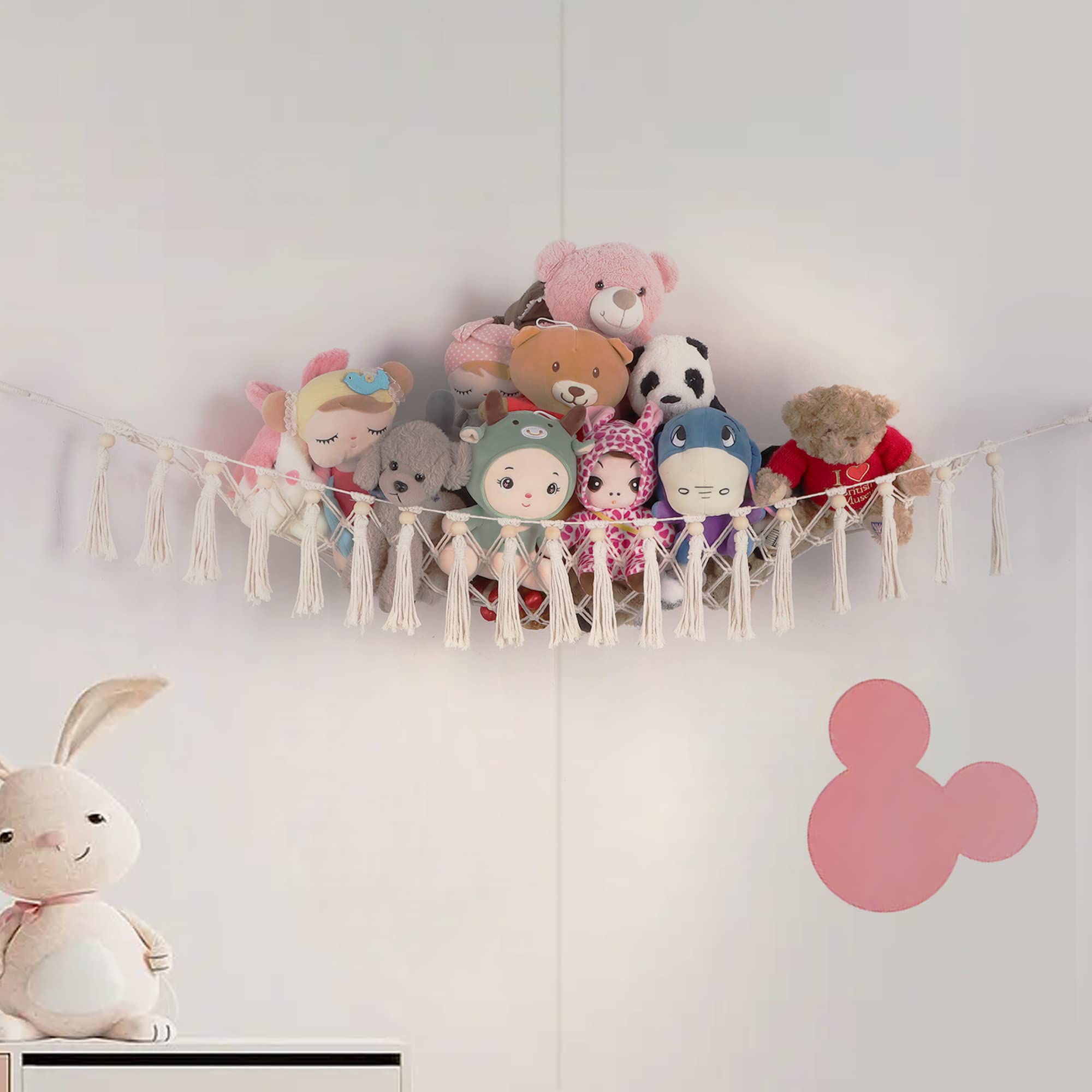 Moosky Stuffed Animal Net or Hammock with LED Light Toy Organizer Macrame Toy Hammock Stuff Animal Storage Corner Hanging Net Holder with Tassel & Hooks Boho Decor for Nursery Kids Room (Beige)