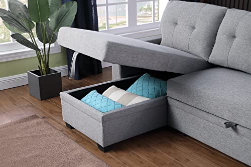 MMTGO 82" L-Shape Reversible Linen Sleeper Sectional Sofa, with Pull Out Bed, Storage Chaise and Arms, Corner Couch for Apartment, Dorm, Living Room