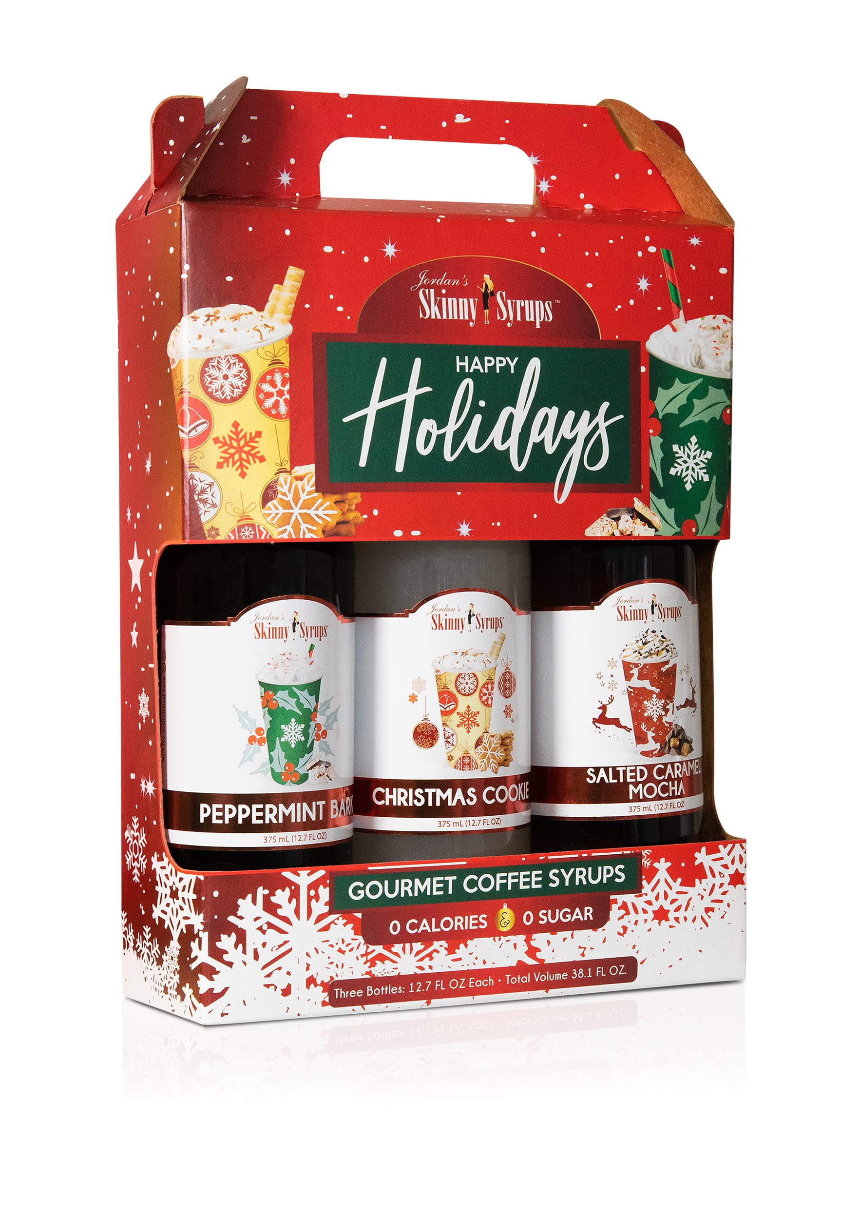Jordan's Skinny Syrups Happy Holidays Gourmet Coffee Syrup Trio: Peppermint Bark, Christmas Cookie, Salted Caramel Mocha (One bottle of each flavor, 12.7 Oz Each)