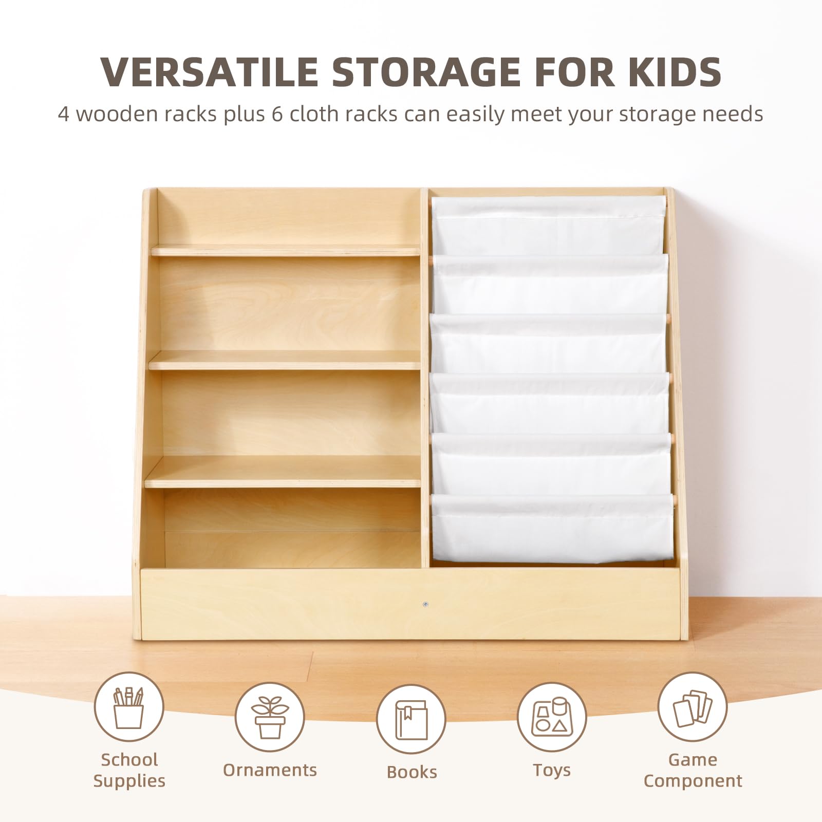 OOOK Montessori Bookshelf and Toy Organizer, Kids Bookshelf with Spacious Storage and Big Display Bookshelf, Nursery Book Shelves for Kids Rooms Ideal for Child Growth