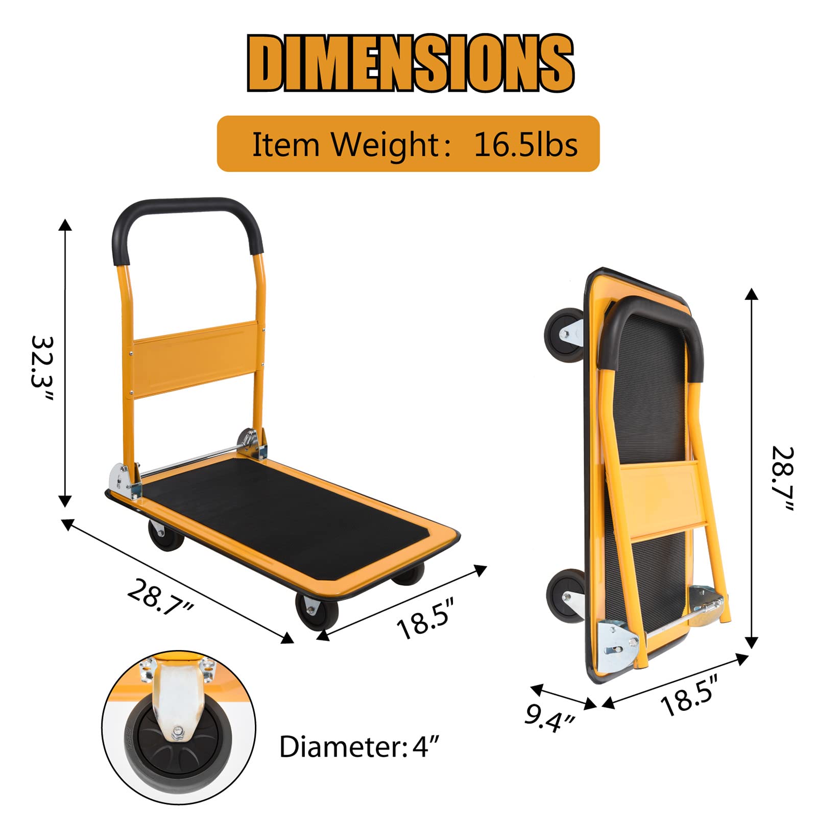 LEADALLWAY Foldable Push Cart Platform Cart 330lbs Capacity Yellow and White