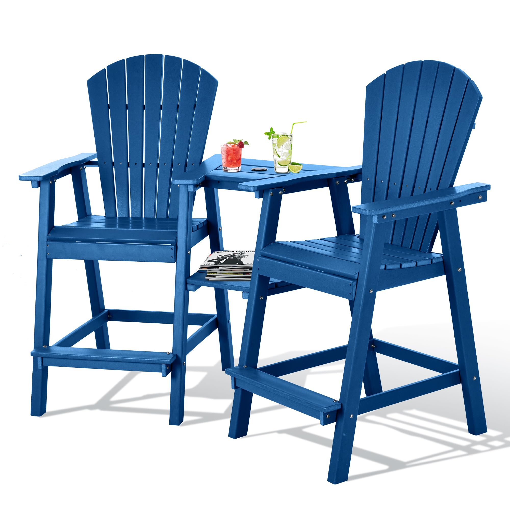 NCGVKS Tall Adirondack Chair Set of 2,HDPE Balcony Chair with Double Connecting Tray,Adirondack Bar Stools Weather Resistant Poly Deck Chairs for Patio Backyard Poolside 360LBS Capacity Blue