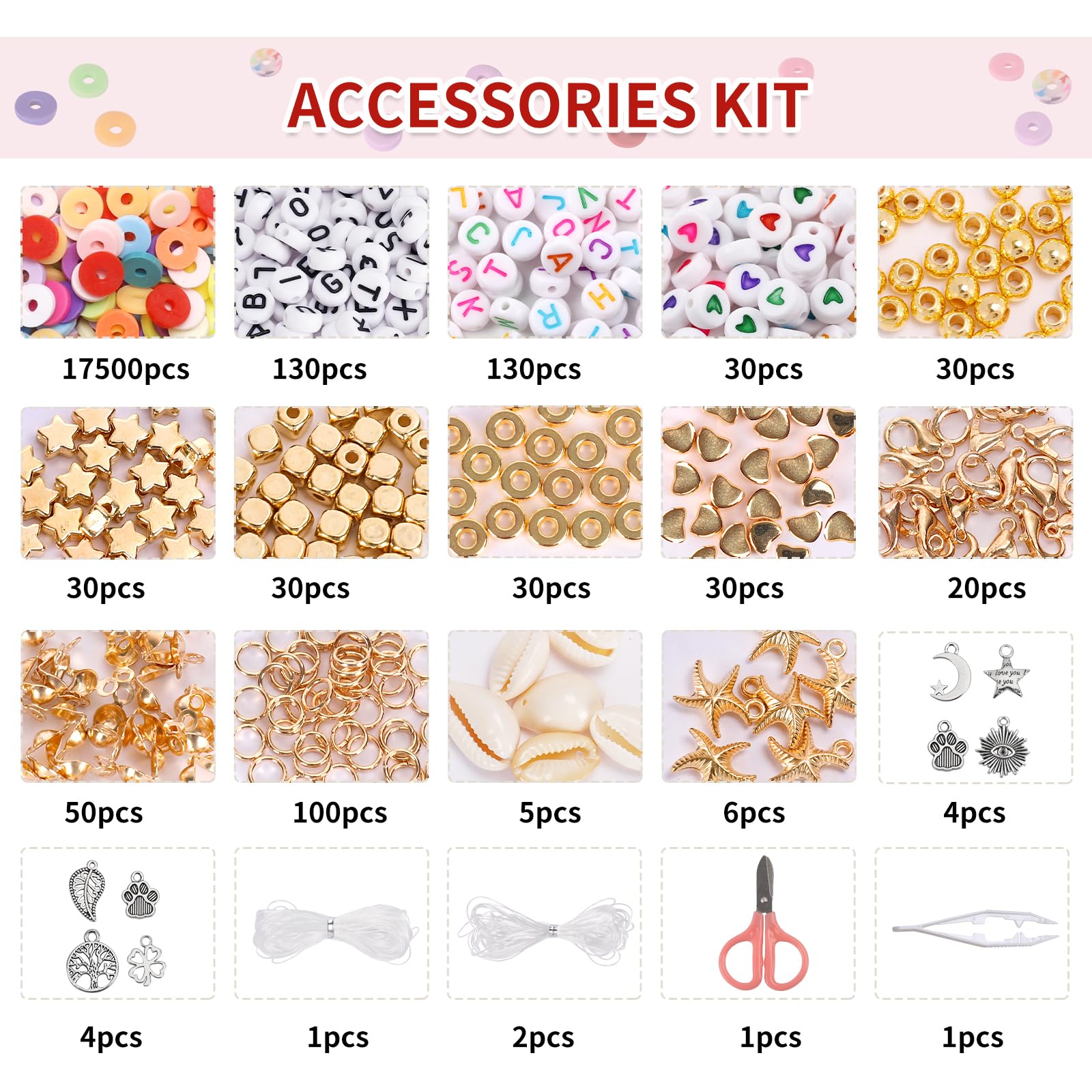 QUEFE 17500pcs 140 Colors Clay Beads for Jewelry Making, Flat Round Polymer Clay Beads Kit with Letter Beads for Gift Craft and Art