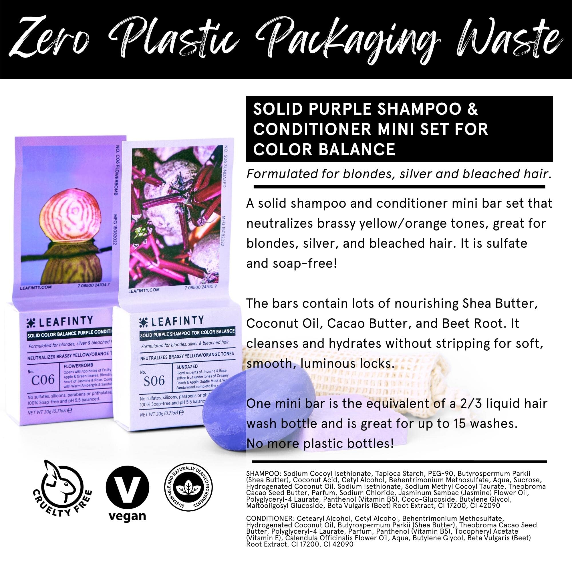 Leafinty S06+C06 Solid Shampoo & Conditioner Set for Blondes Silver and Bleached Hair, All Natural Zero Waste and Organic Shampoo Bars for Hair, 2 Mini Travel Size Bars