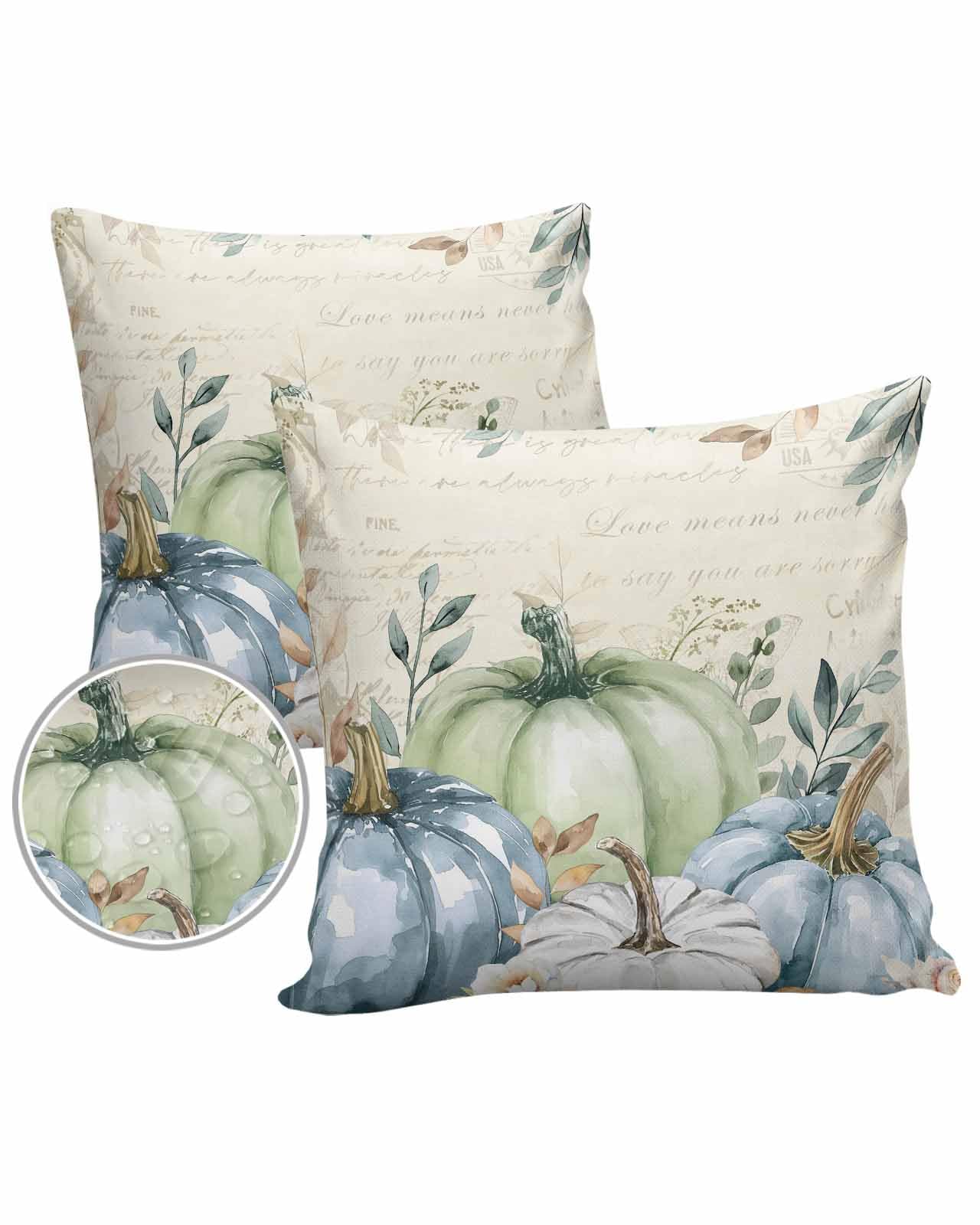 MUSWEDSEP Outdoor Pillow Covers Pack of 2,Fall Thanksgiving Pumpkin Green Blue Farm Plants Waterproof Throw Pillow Cover Decorative Cushion Case for Patio Garden Couch Sofa,Retro Letter Pillowcase