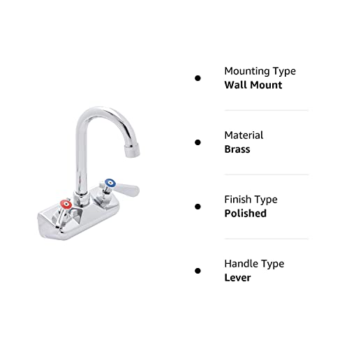 Kitchen Sink No Lead Faucet - DuraSteel 4" Center Wall Mounted Commercial Kitchen Sink Faucet with 3-1/2" Gooseneck Spout - NSF Certified - Dual Lever Handles - Brass Constructed & Chrome Polished