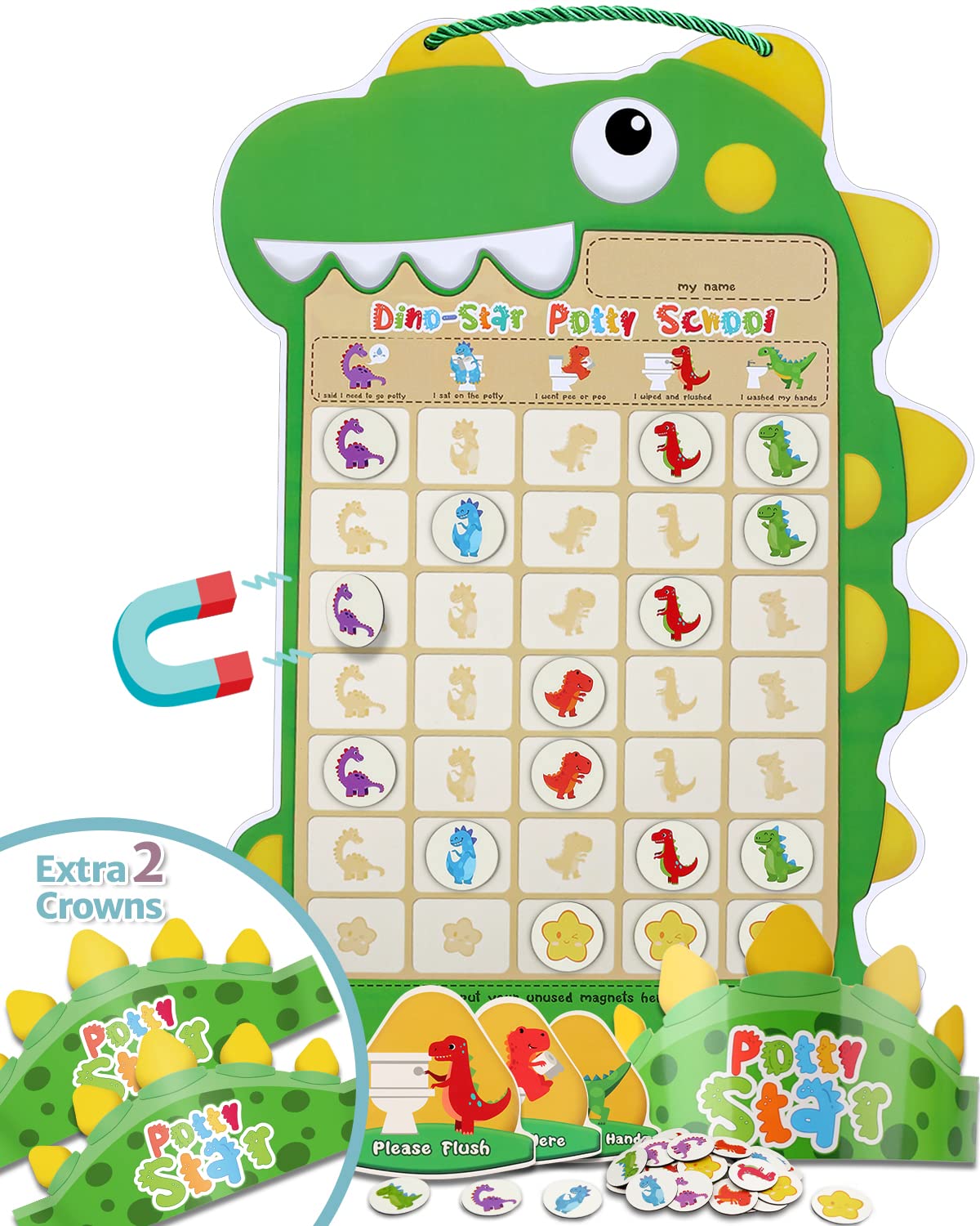 Potty Training Chart for Toddlers Boys & Girls - A Dinosaur Potty Chart with 35 Reusable Magnetic Dinosaur & Star Stickers for Kids Potty Training Reward (Dinosaur Potty Chart 3Crown)