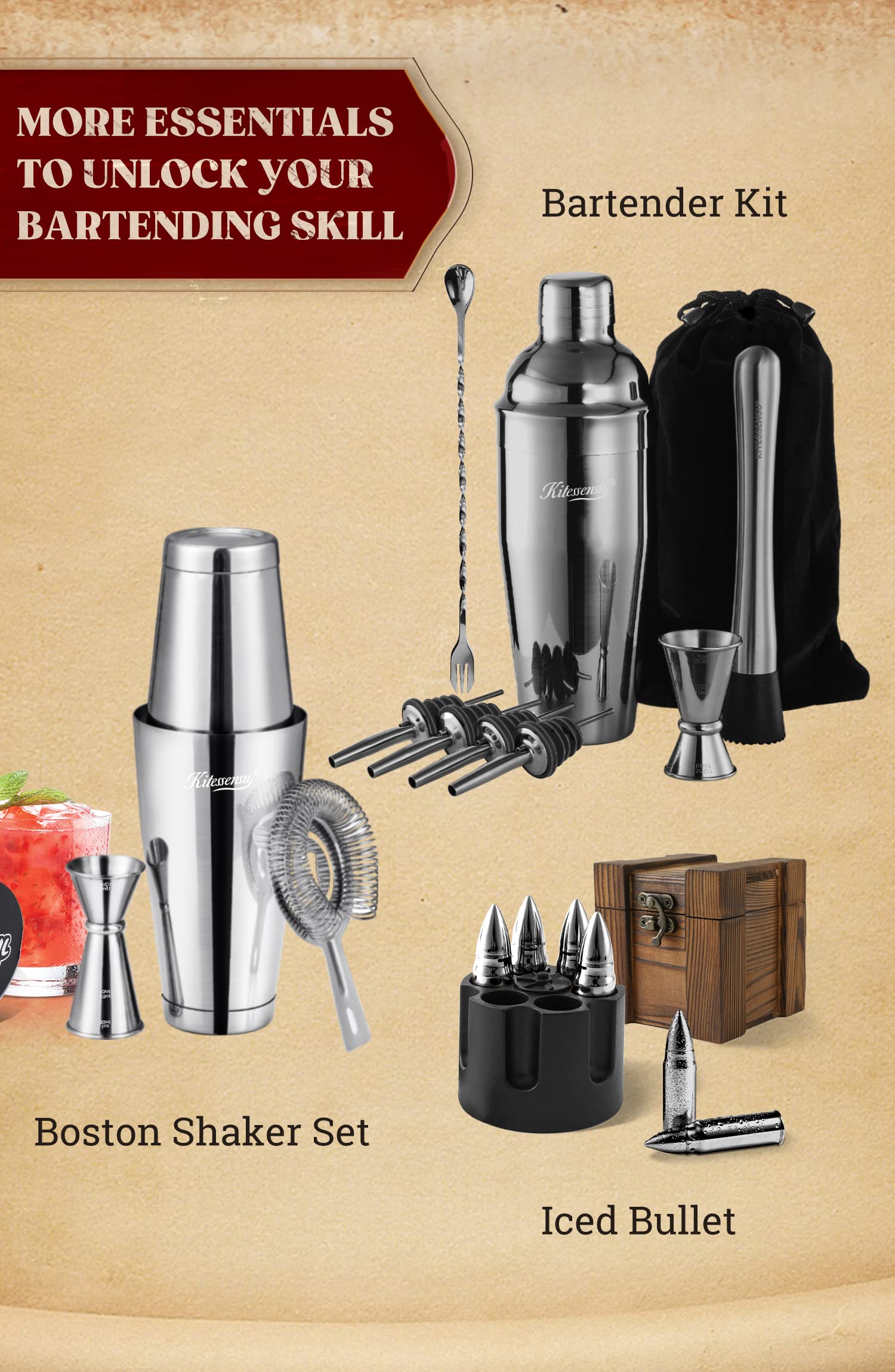 KITESSENSU Black Cocktail Shaker Set Drink Mixer | 10-Piece Bartender Kit: 24 Ounce Margarita Shaker, Double Jigger, Muddler, 4 Liquor Pourers, Alcohol Mixer Spoon, Velvet Bag, Recipes Booklet