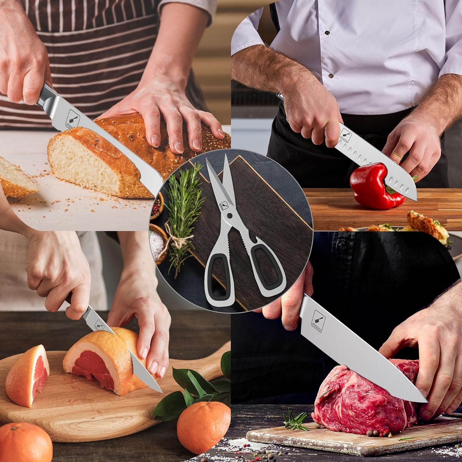 Knife Sets for Kitchen with Block imarku G14 Japanese Knife Set Stainless Steel Kitchen with Block 14pcs, Built-in Sharpener, Sharp Knife Block Set with Non-slip Ergonomic Handles - Dishwasher Safe