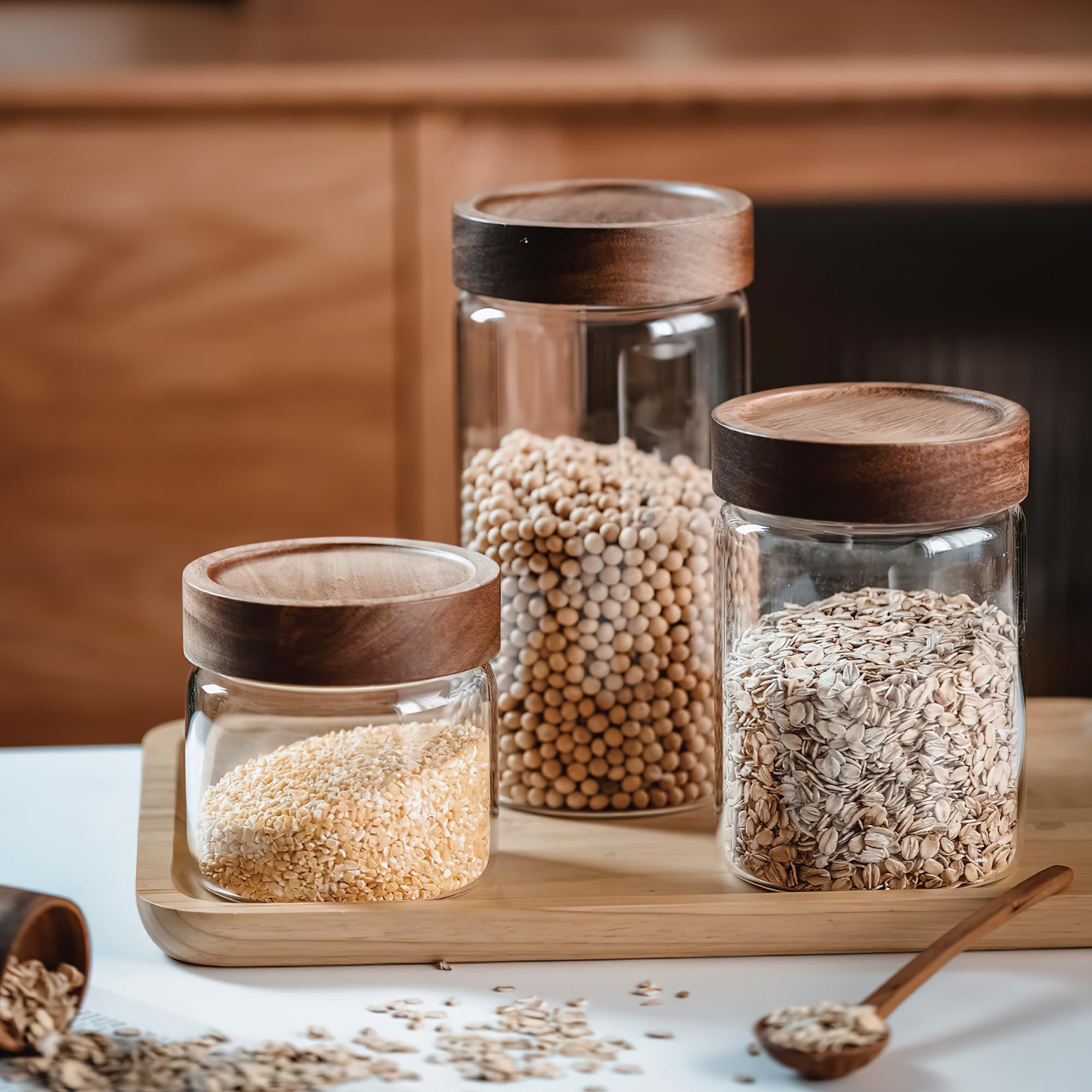 MOLADRI 18 oz/550 ml Clear Glass Storage Canister with Airtight Wooden Screw Lid, Small Cute Decorative Glass Container Jar for Coffee,Spice,Candy,Salt,Cookie,Condiment,Pepper,Sugar,Overnight Oatmeal