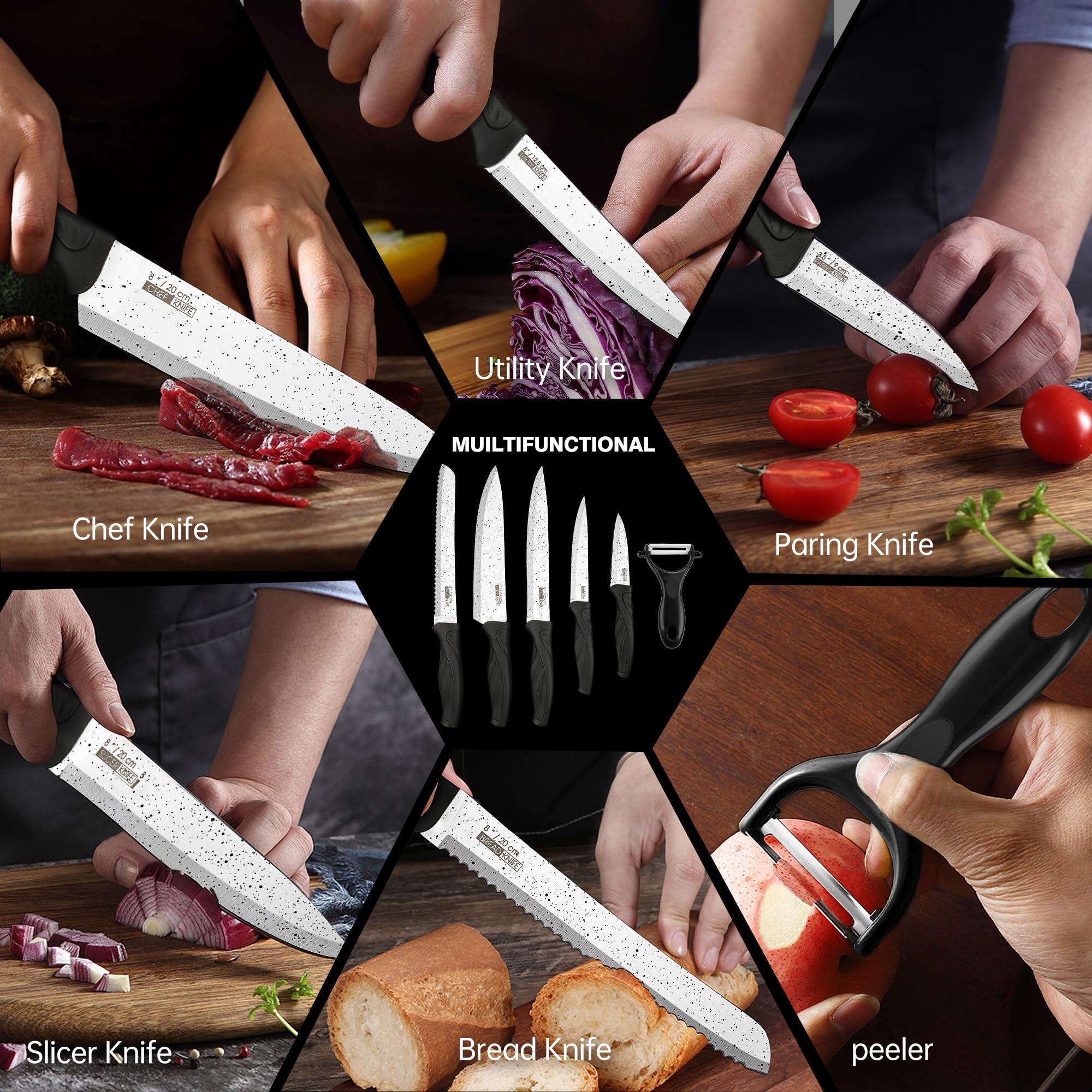 Meythway πππ²π₯π’π¬π‘ ππ‘π’ππ ππ§π€-ππ©π₯ππ¬π‘ππ Kitchen Knife Set - 6-Piece Razor Sharp Knife Set with Reducing Food Adhesion, Ergonomic Handles, Anti-Rust & Easy to Clean