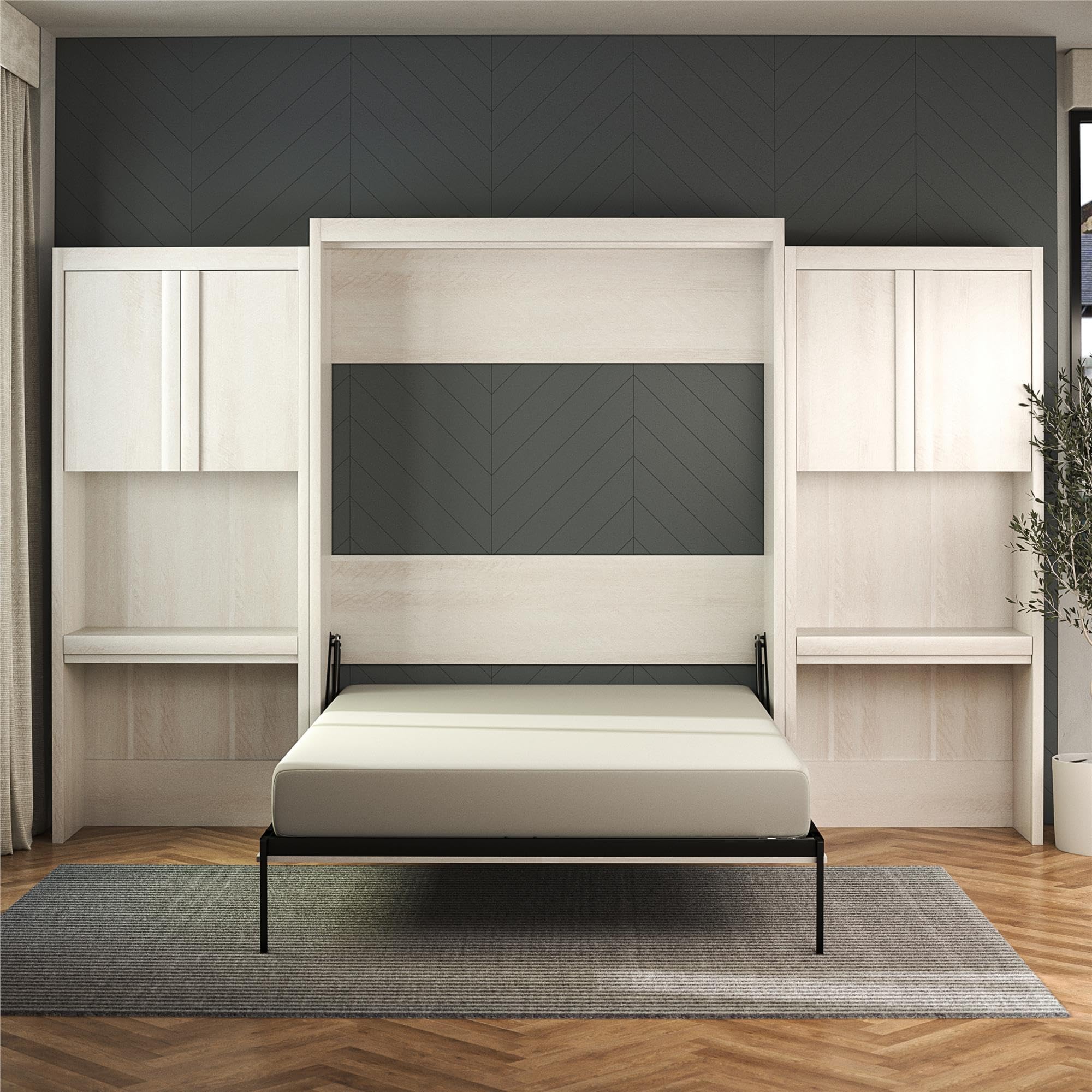 REALROOMS Halstead Multi-Functional Queen Size Fold-Out Murphy Bed with 2 Side Desk Storage Cabinets and Slide-Out Vanity Drawers for Bedroom or Guest Room, Ivory Oak