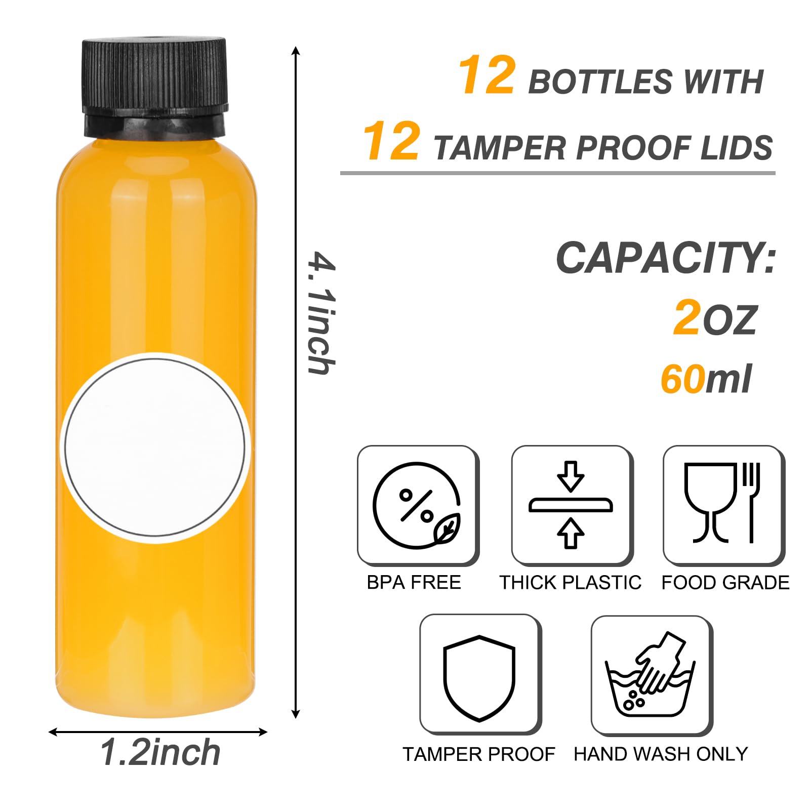 Moretoes 2oz Shot Bottles with Caps, 12pcs Plastic Juice Bottles, Reusable Leak-proof Containers with Cap for Juices, Ginger Shot, Smoothie and Other Liquids