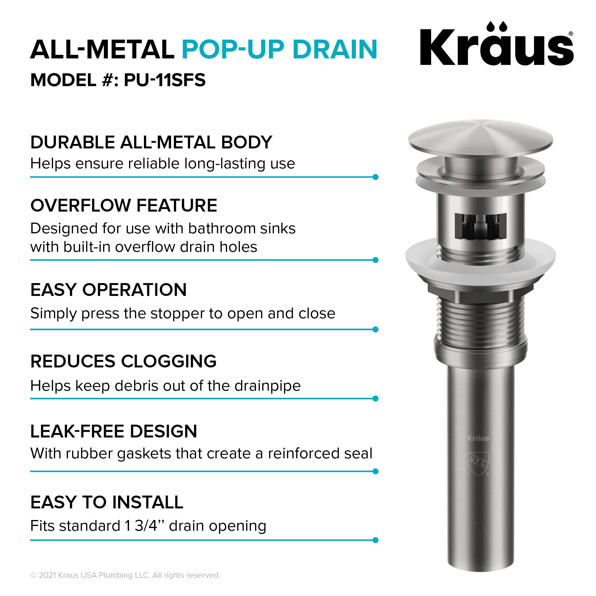 KRAUS Pop-Up Drain for Bathroom Sink with Overflow in Spot-Free Stainless Steel, PU-11SFS
