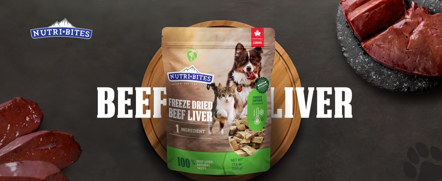 Nutri Bites Freeze Dried Beef Liver Treats for Dogs & Cats, Single Ingredient, No Additives, Perfect for Training, Sensitive Diets, 17.6 oz(Pack of 1)