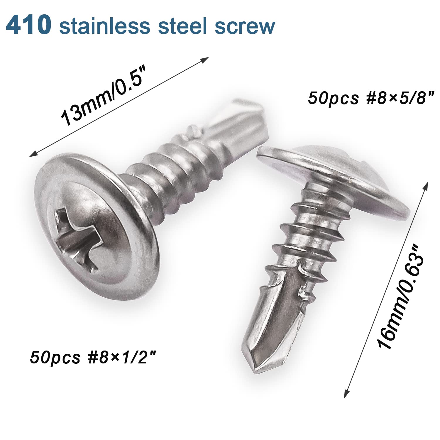 mxuteuk 100PCS #8 Self Tapping Screws for Metal Self Drilling Screw 410 Stainless Steel Modified Truss Head Sheet Metal Screws (Length 1/2" & 5/8") G022-T