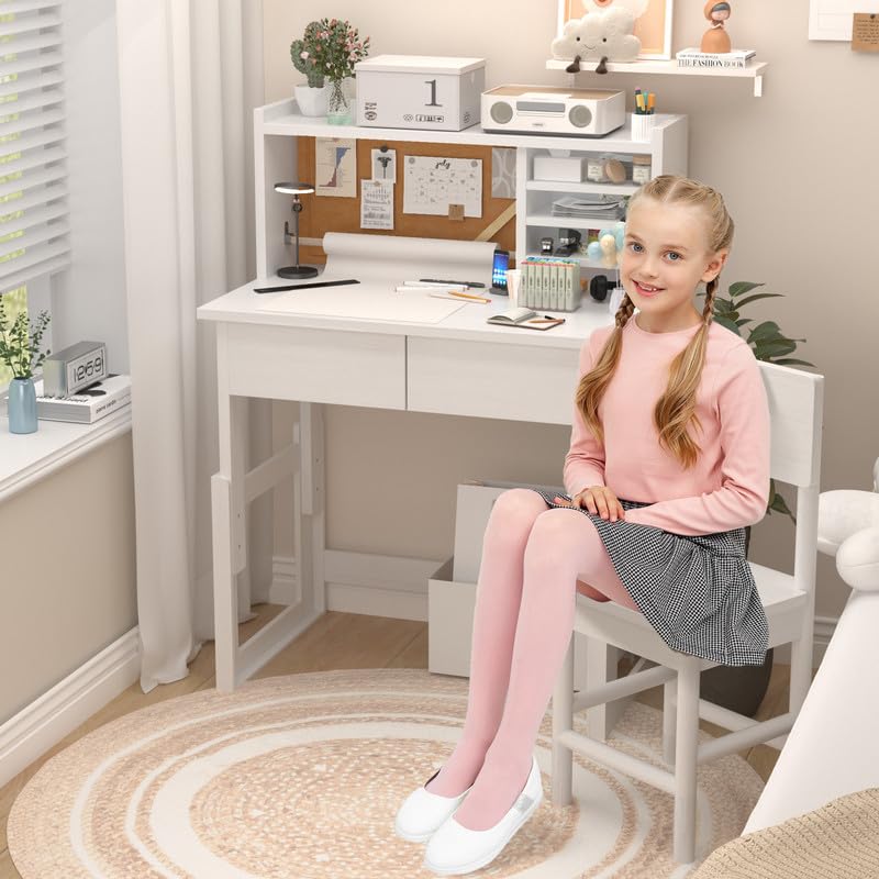 NKUGCFC White Kids Desk and Chair Set for 5-18 Year Old,Ergonomic Height Adjustable Childrens Study Desk with 2 Drawers,Kids Art Table with Storage-nv8nse